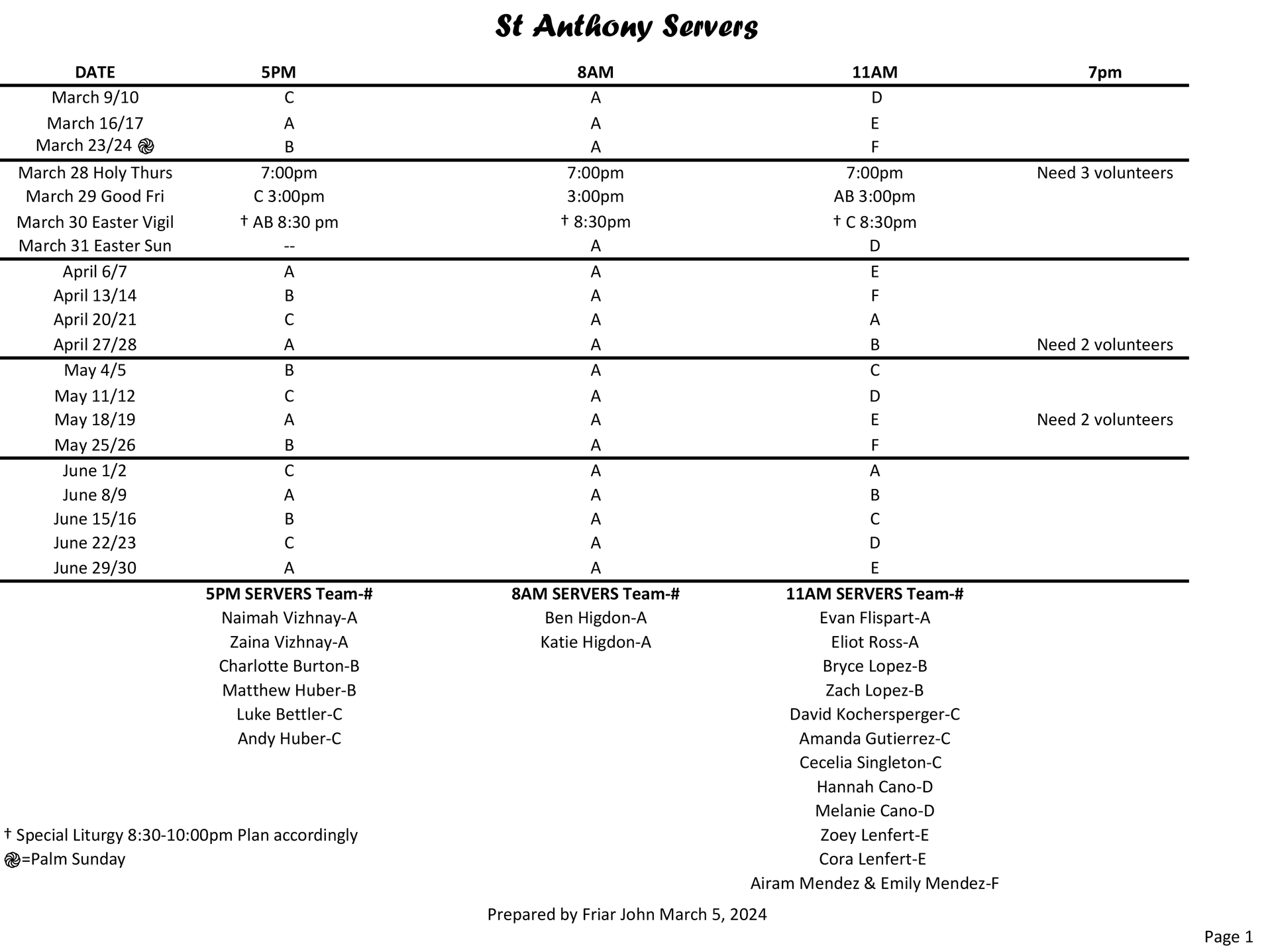 Altar Server Schedule