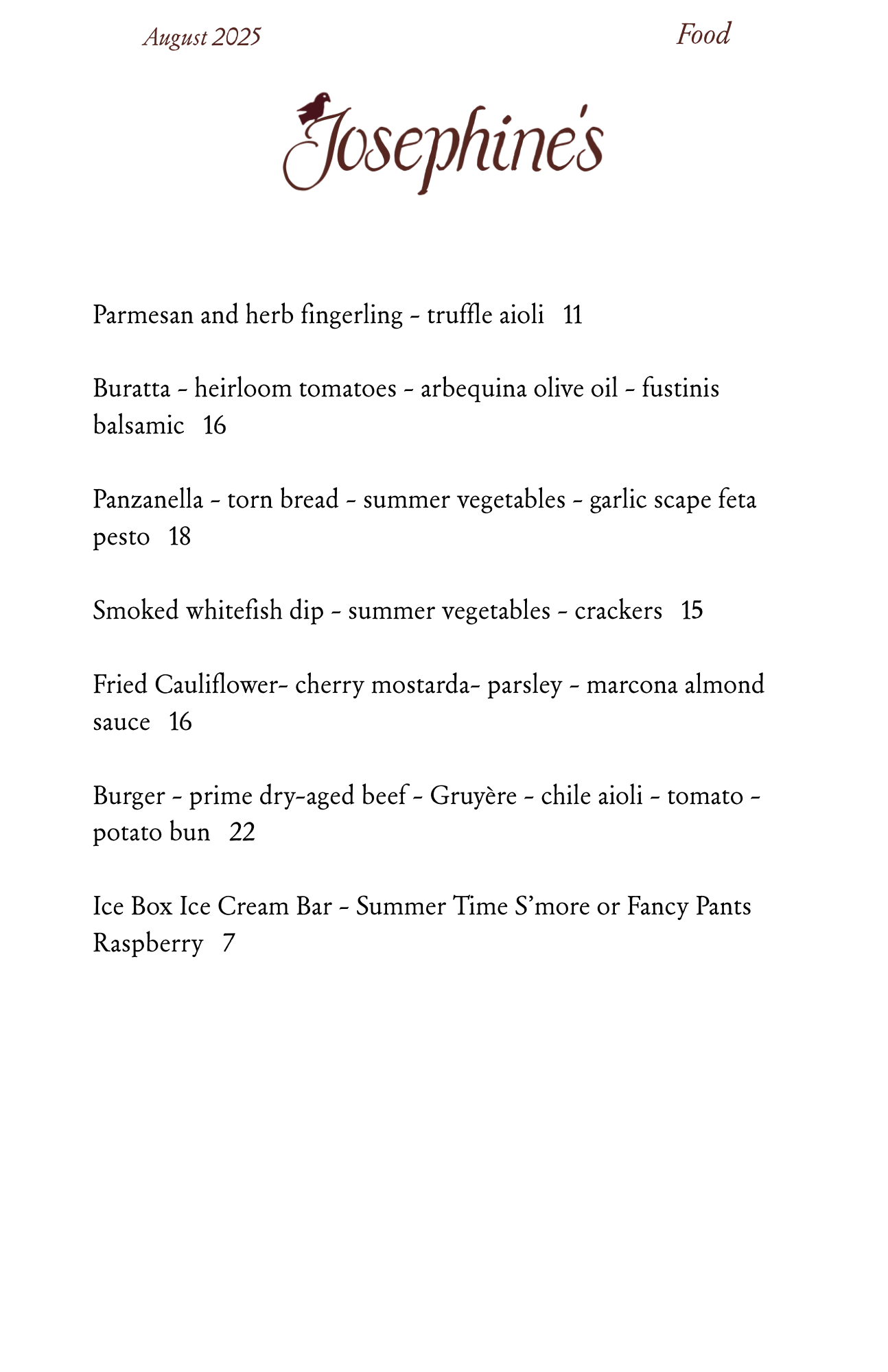 Josephine's Dining Menu | The Terrace Inn