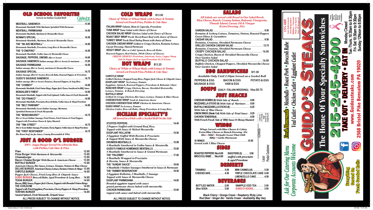 Menu | Bensalem, PA | Guido's Steaks