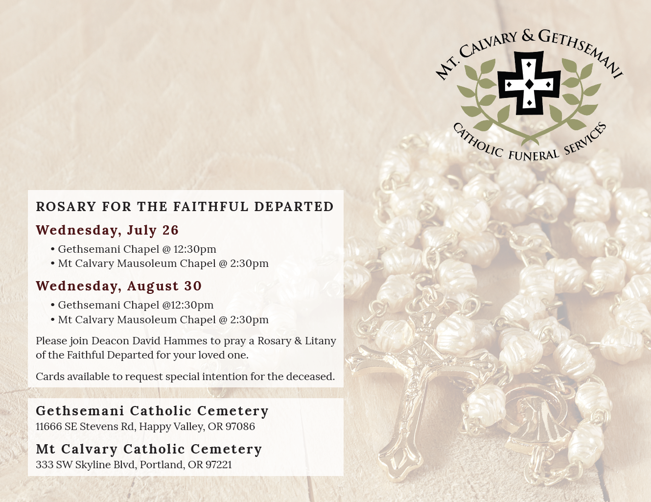 Mt. Calvary & Gethsemani Catholic Funeral Services | Happy Valley , OR