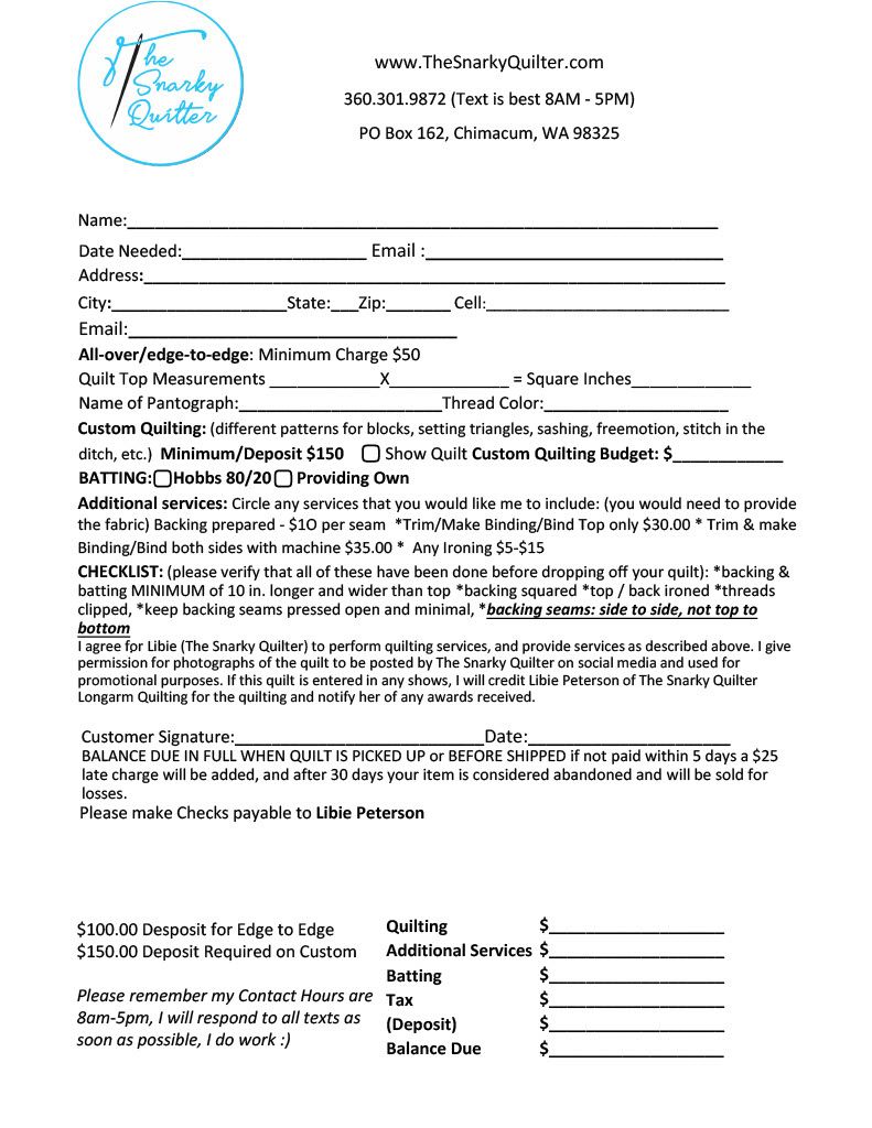 Intake Form for Longarm Quilting | The Snarky Quilter | WA