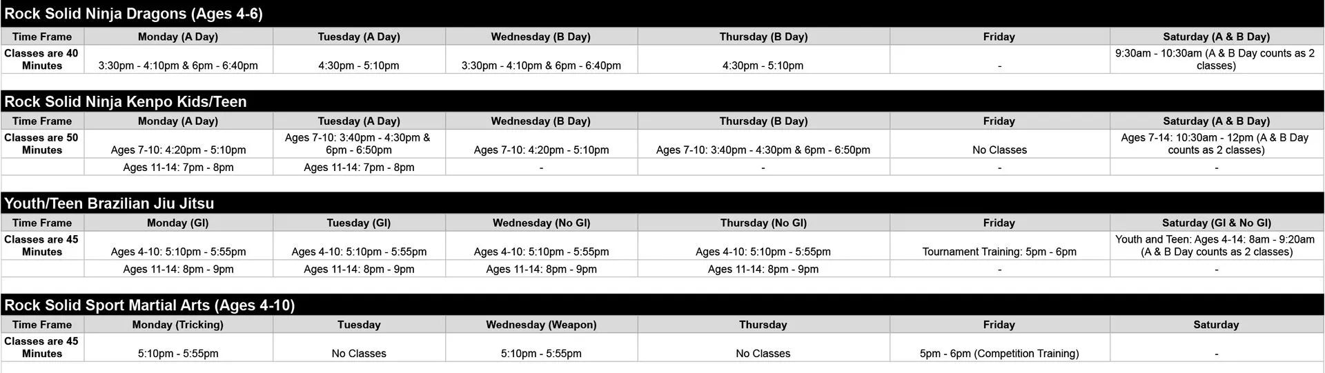 Rock Solid Martial Arts Schedule | Find the Perfect Class