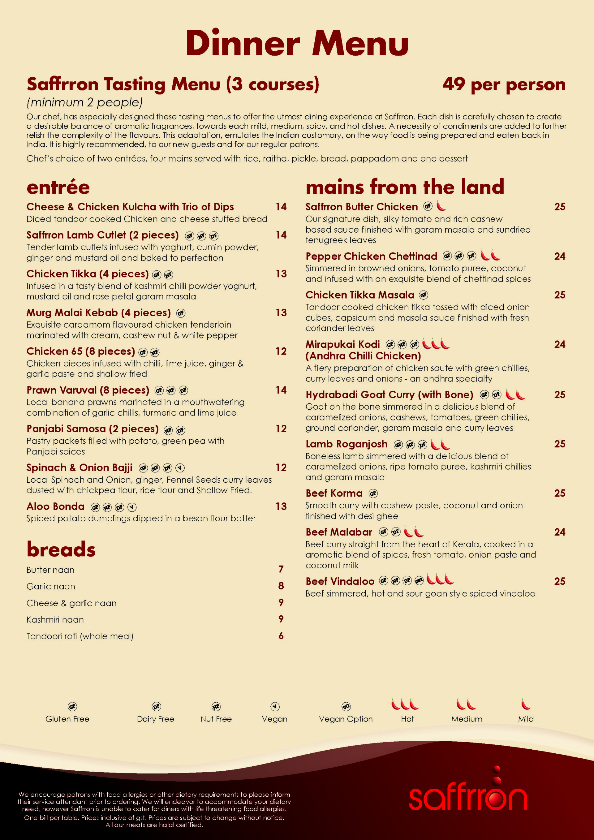 Dinner menu | Saffrron Restaurant