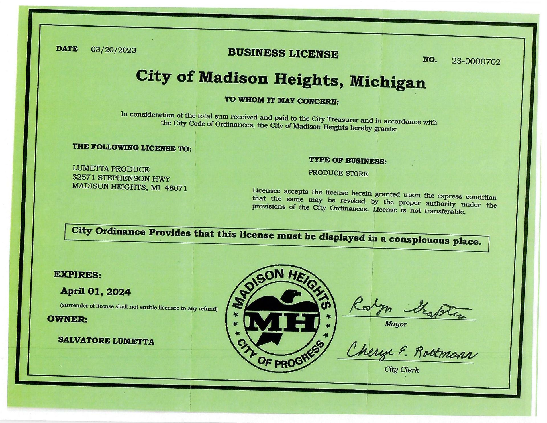 Lumetta Produce | Certifications and Licenses | Serving Michigan