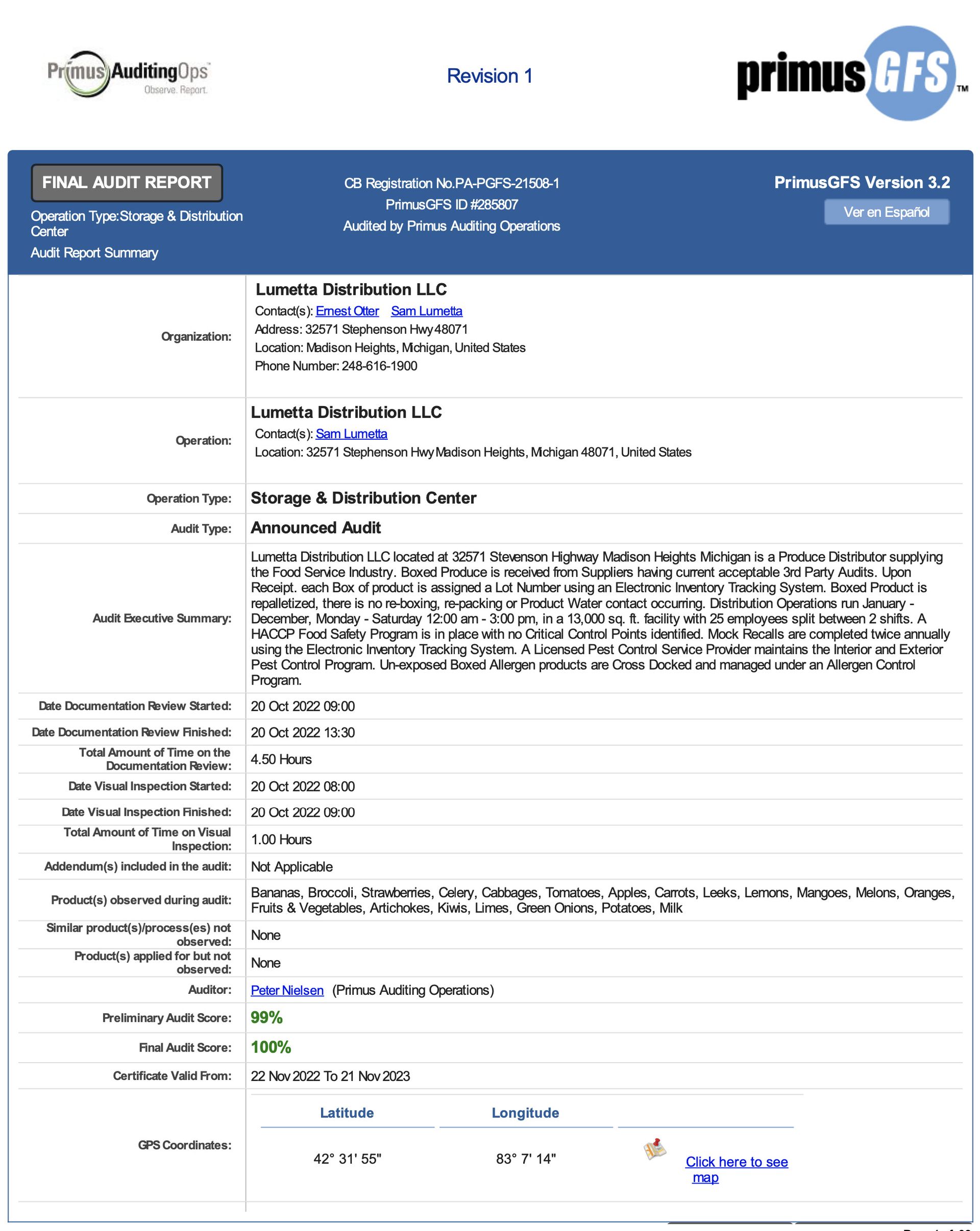 Lumetta Produce | Certifications and Licenses | Serving Michigan