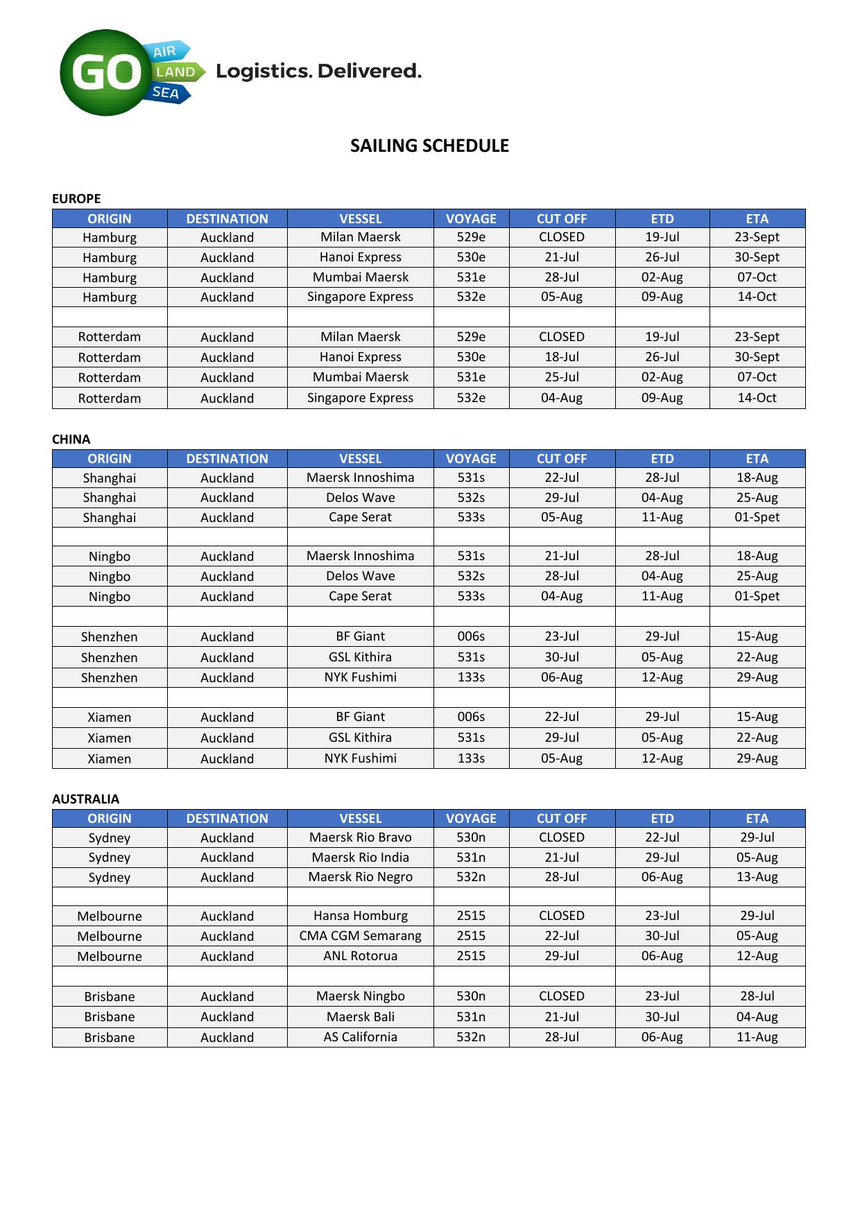Sailing Schedules