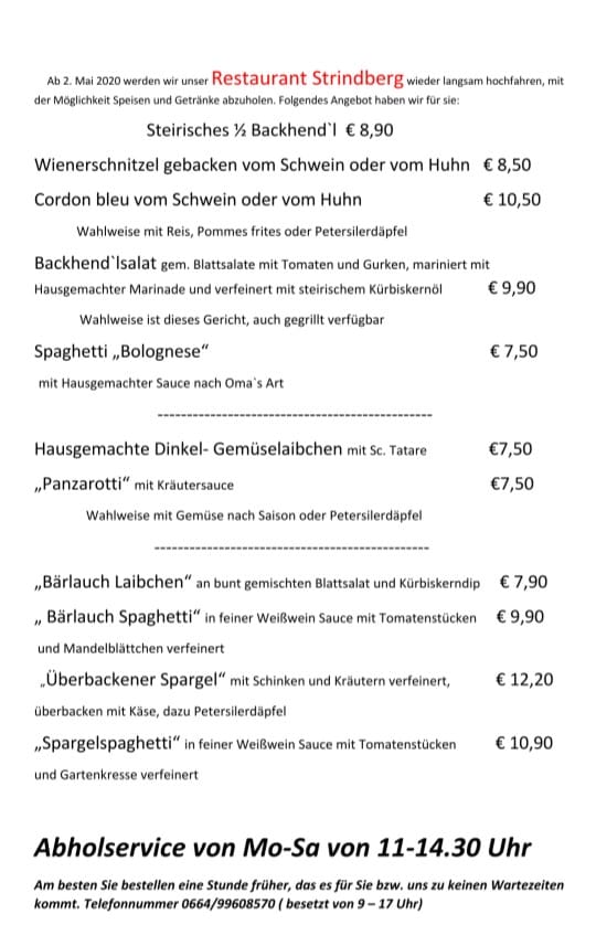 Speisekarte | Strindberg Restaurant | Center West Graz