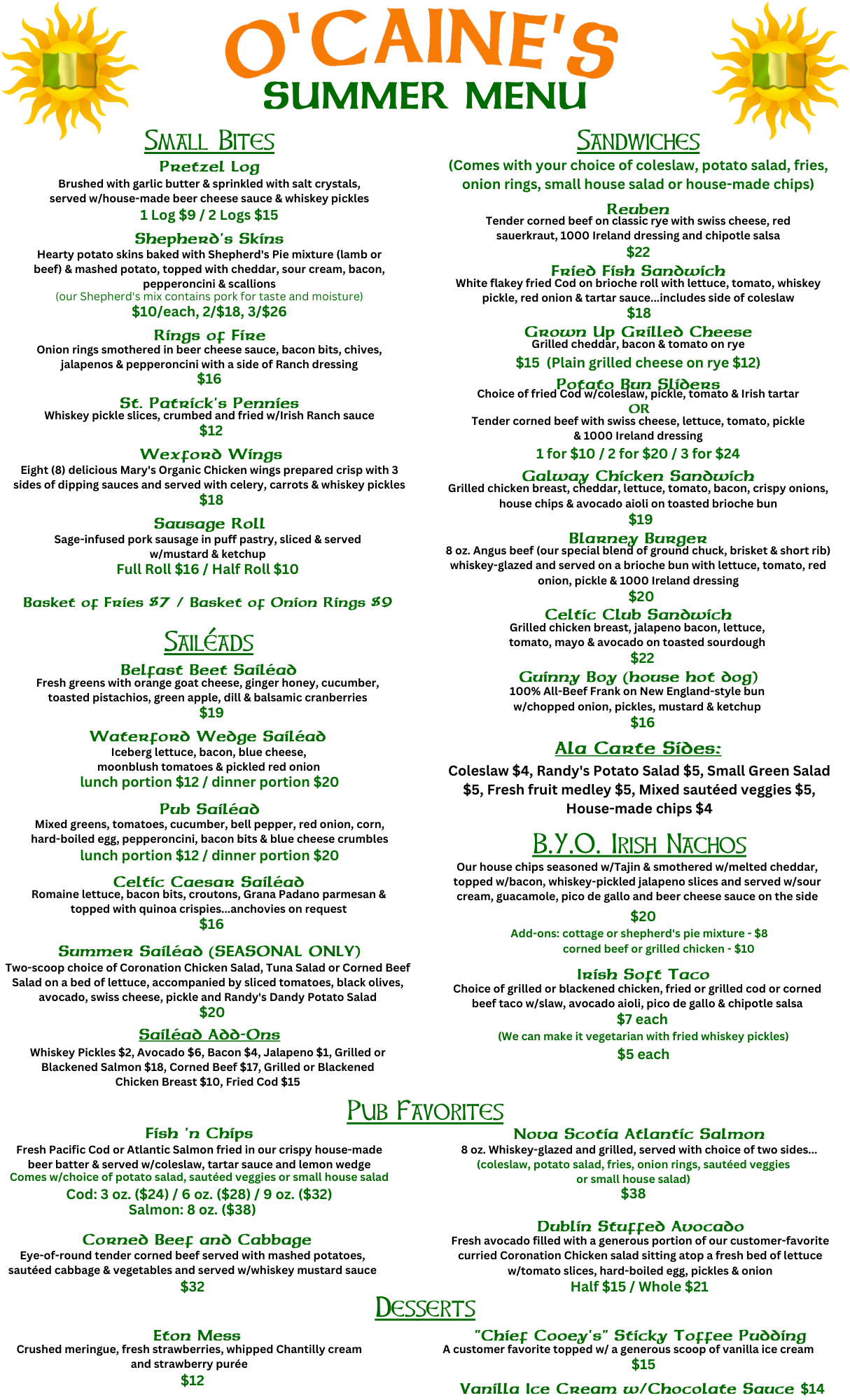 Food Menu | Rancho Mirage, CA | O'Caines's Irish Pub