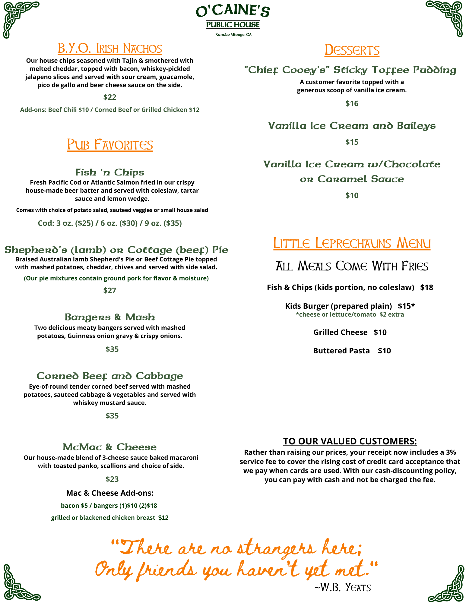 Food Menu | Rancho Mirage, CA | O'Caines's Irish Pub