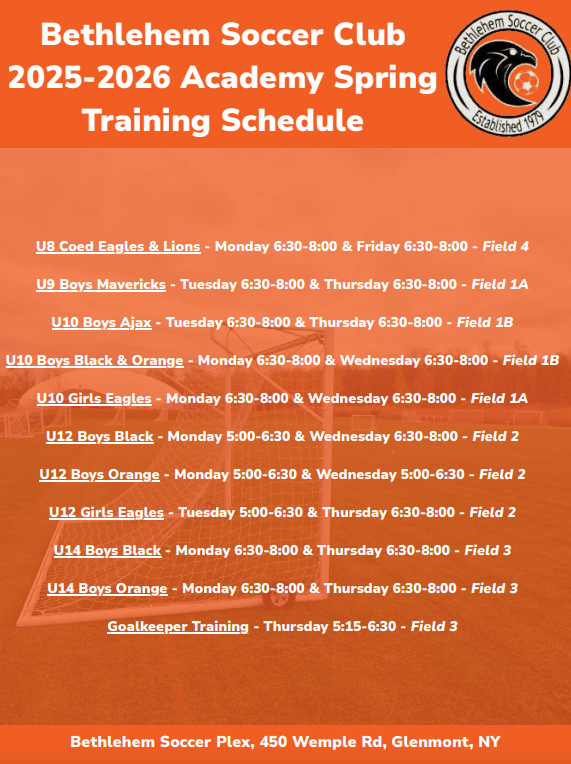 Spring Outdoor Academy Practice Schedule - Starting in April