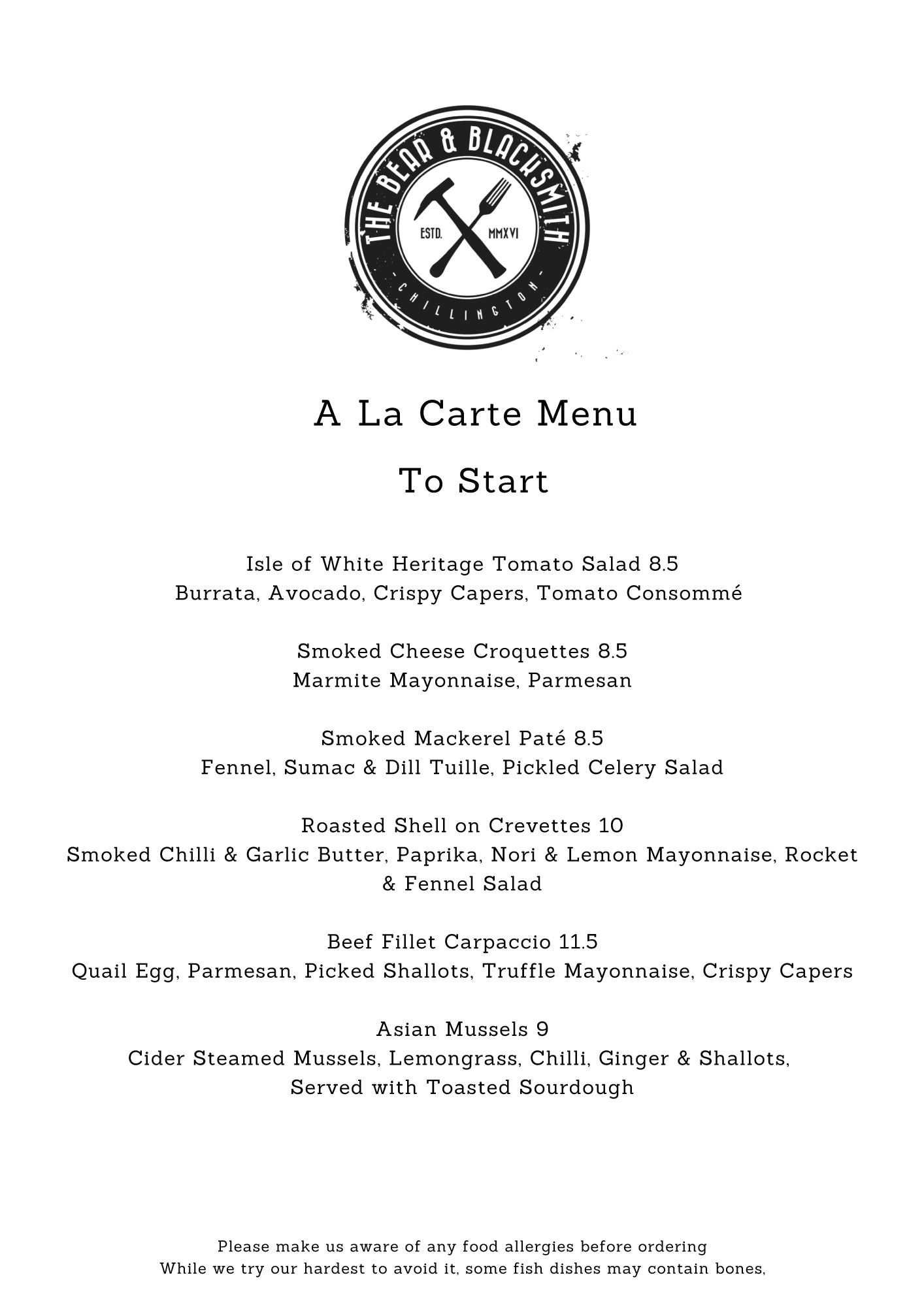 A La Carte Menu - The Bear and Blacksmith, Chillington