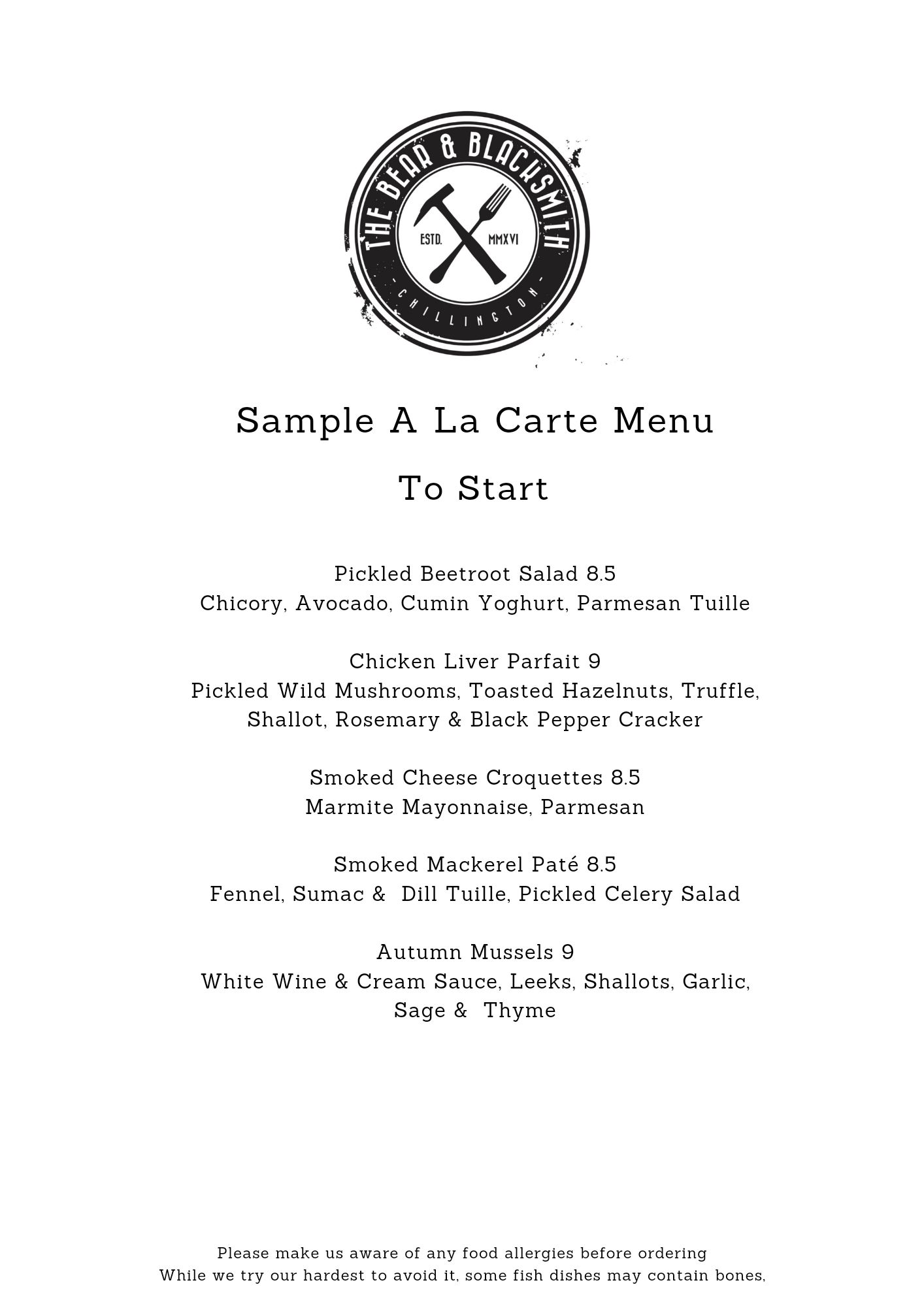 A La Carte Menu - The Bear and Blacksmith, Chillington