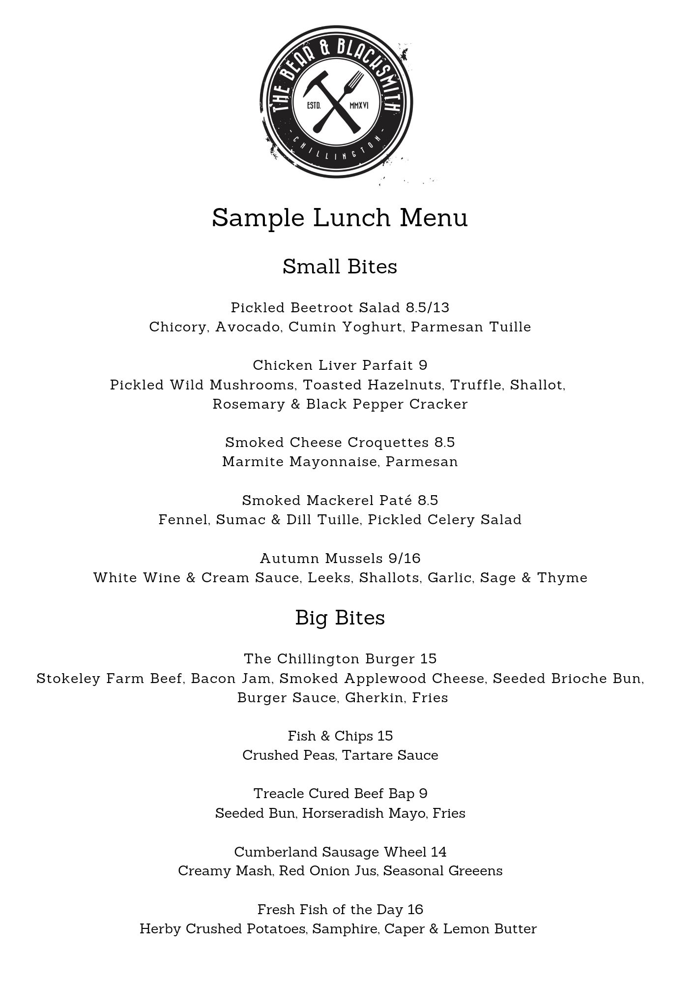 Lunch Menu - The Bear and Blacksmith, Chillington