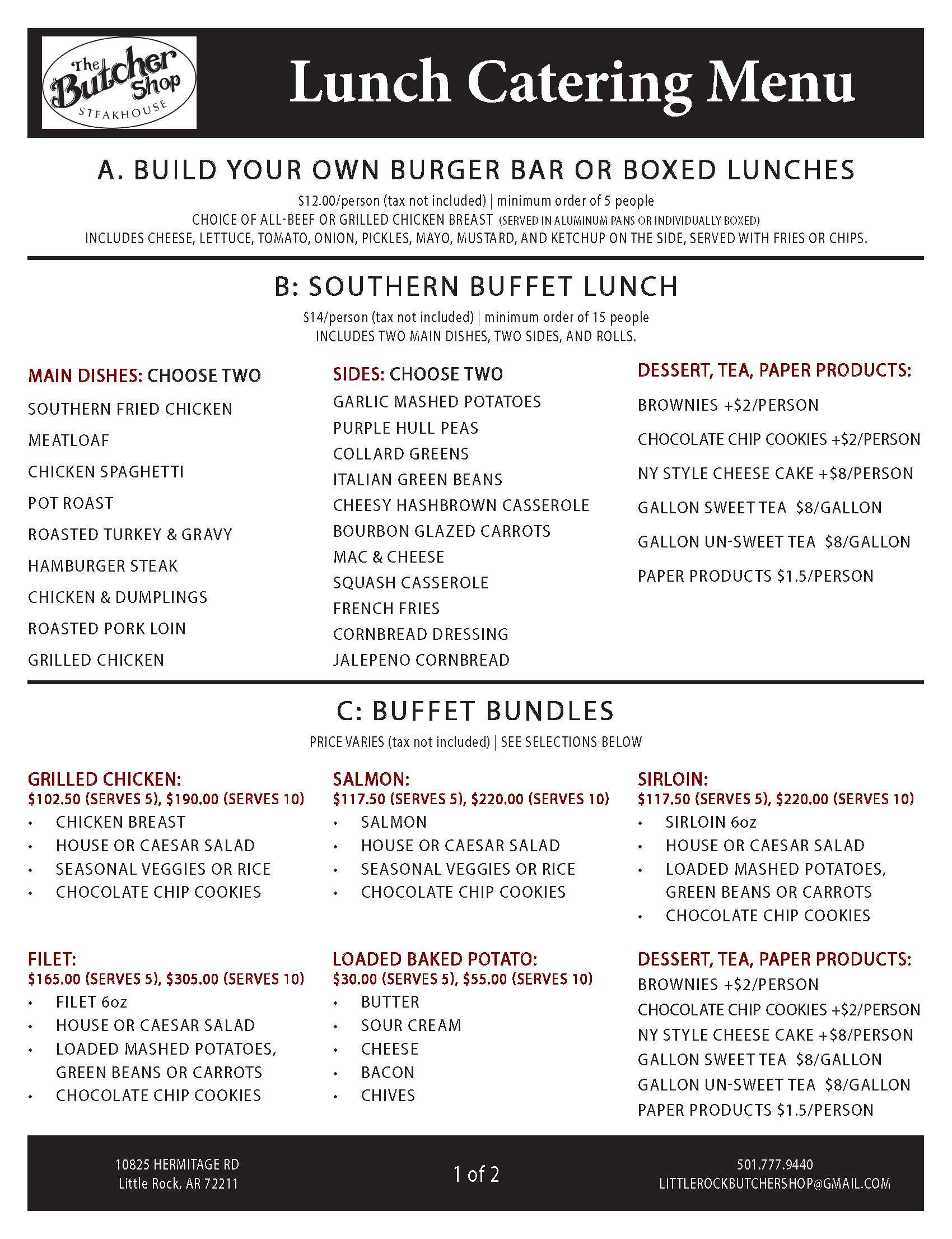 The Butcher Shop | Catering Menu | Little Rock