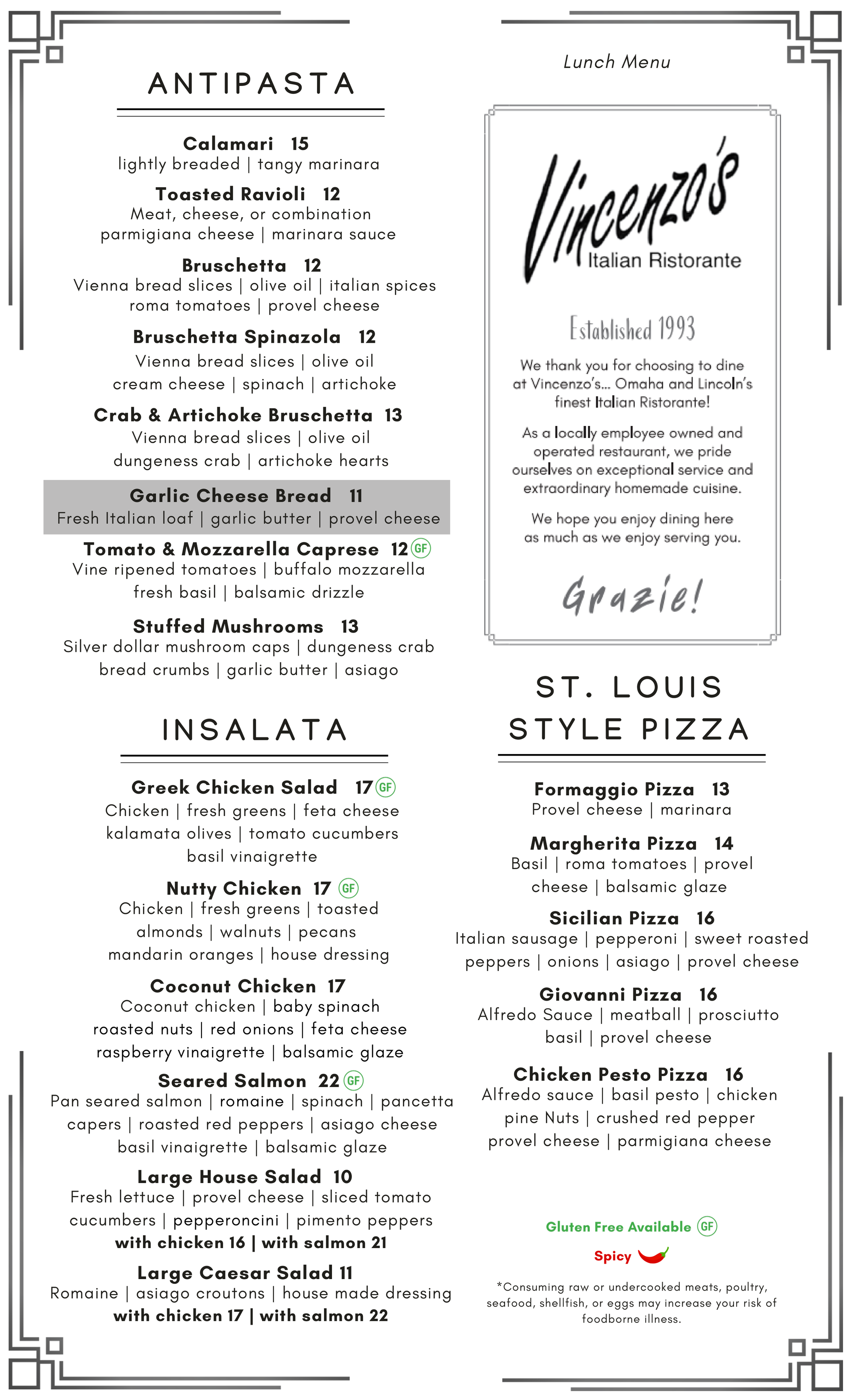 Menu | Vincenzo's | Italian Ristorante in Nebraska