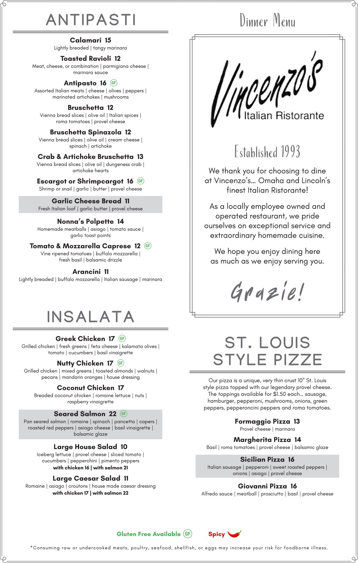 Menu | Vincenzo's | Italian Ristorante in Nebraska