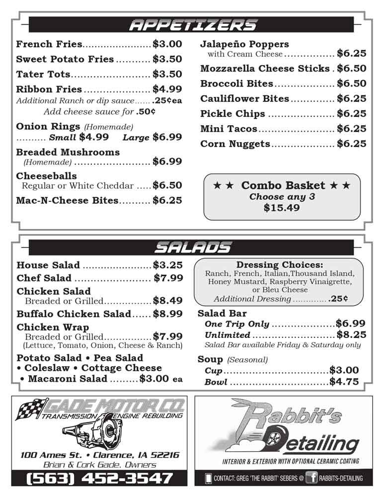 Menu | Victory Lane Bar & Grill