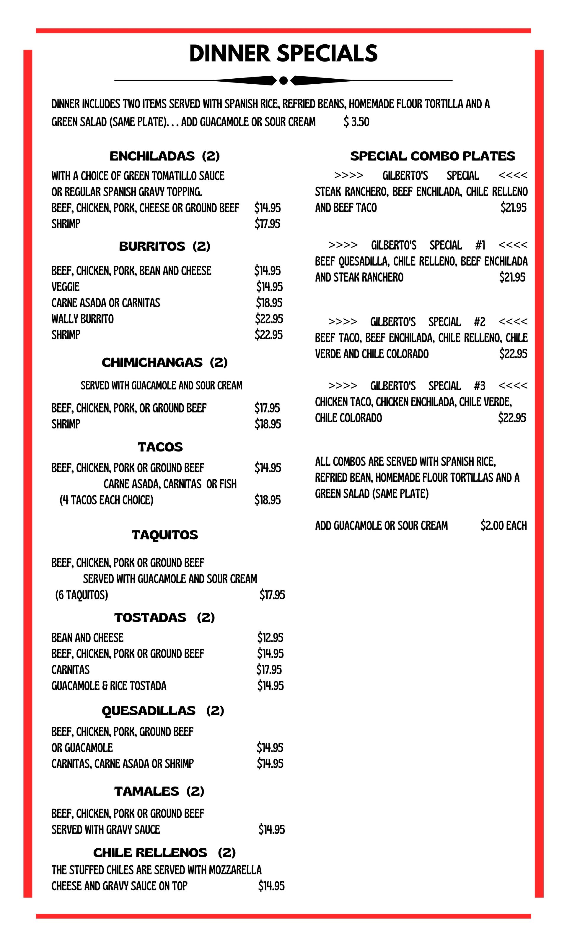 Menu | Gilbertos Mexican Restaurant | Roseburg, Oregon