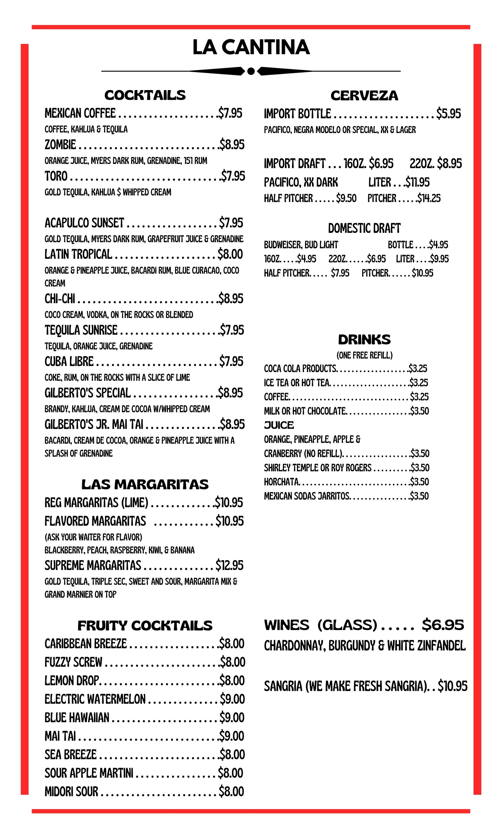 Menu | Gilbertos Mexican Restaurant | Roseburg, Oregon