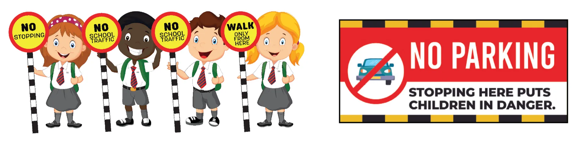 School SafetyTraffic Parking road Signs. No Parking Signs and banners