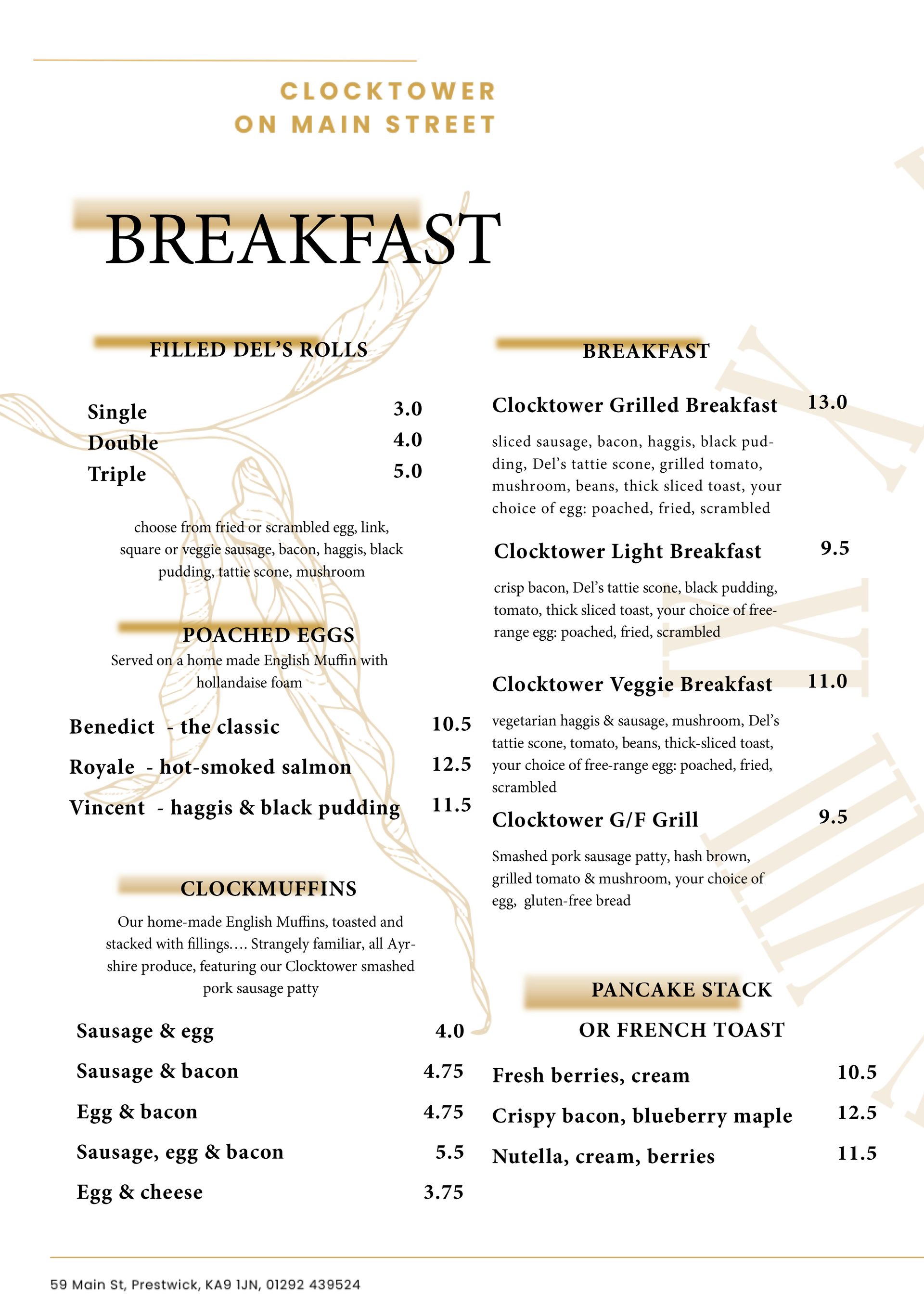 Breakfast Menu | ClockTower Cafe Bar, Prestwick