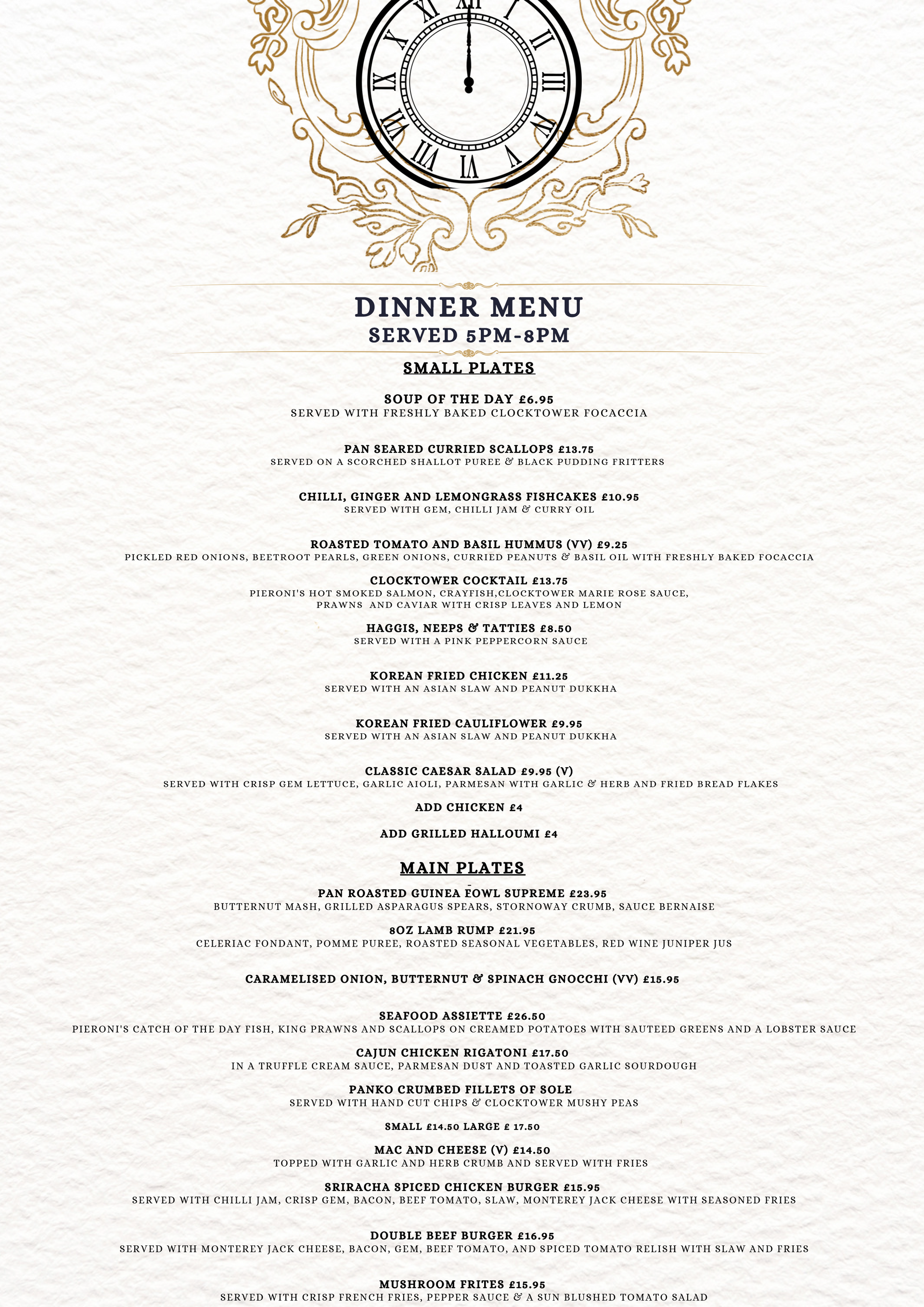 Dinner Menu | Clocktower Cafe Bar