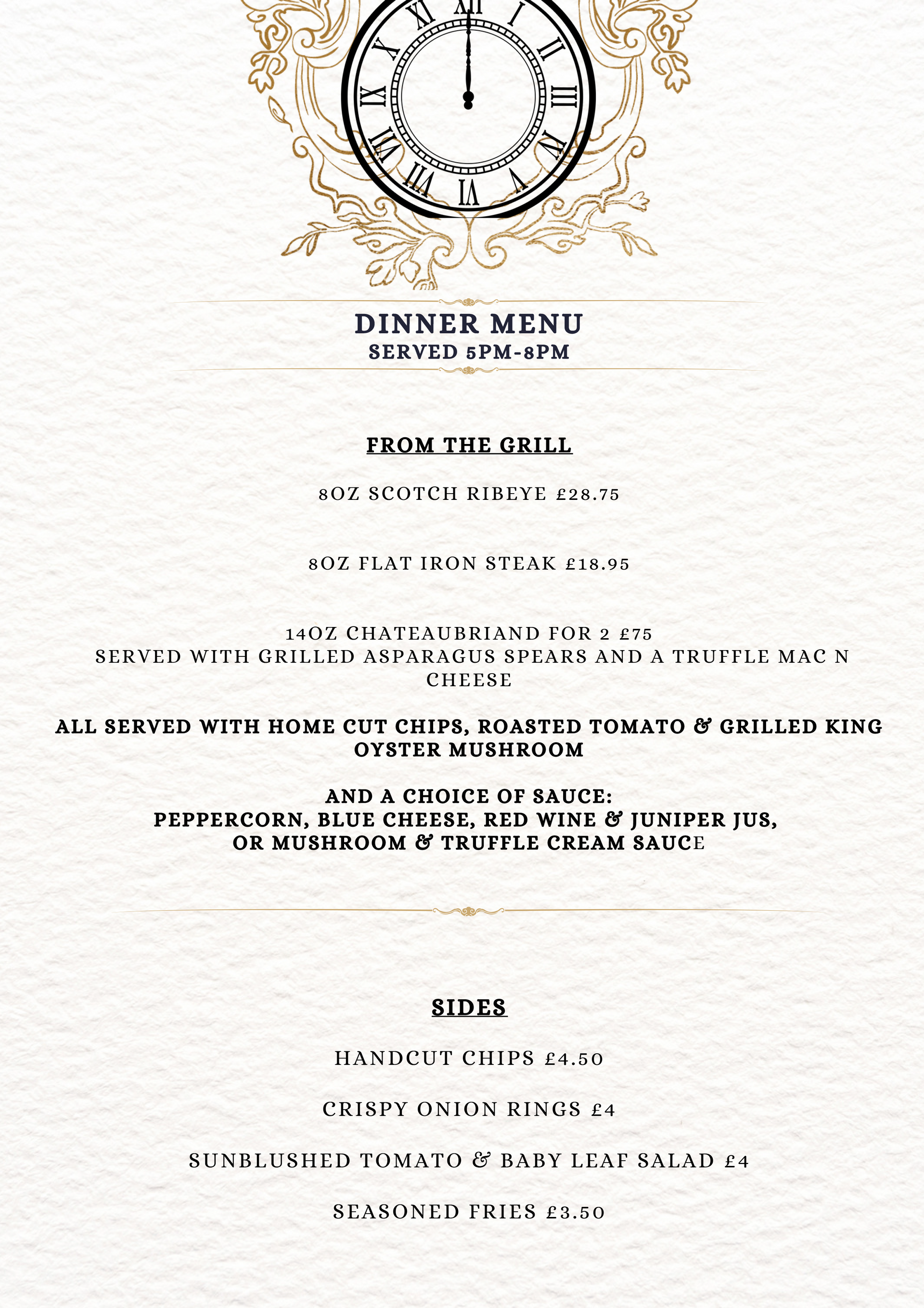 Dinner Menu | Clocktower Cafe Bar