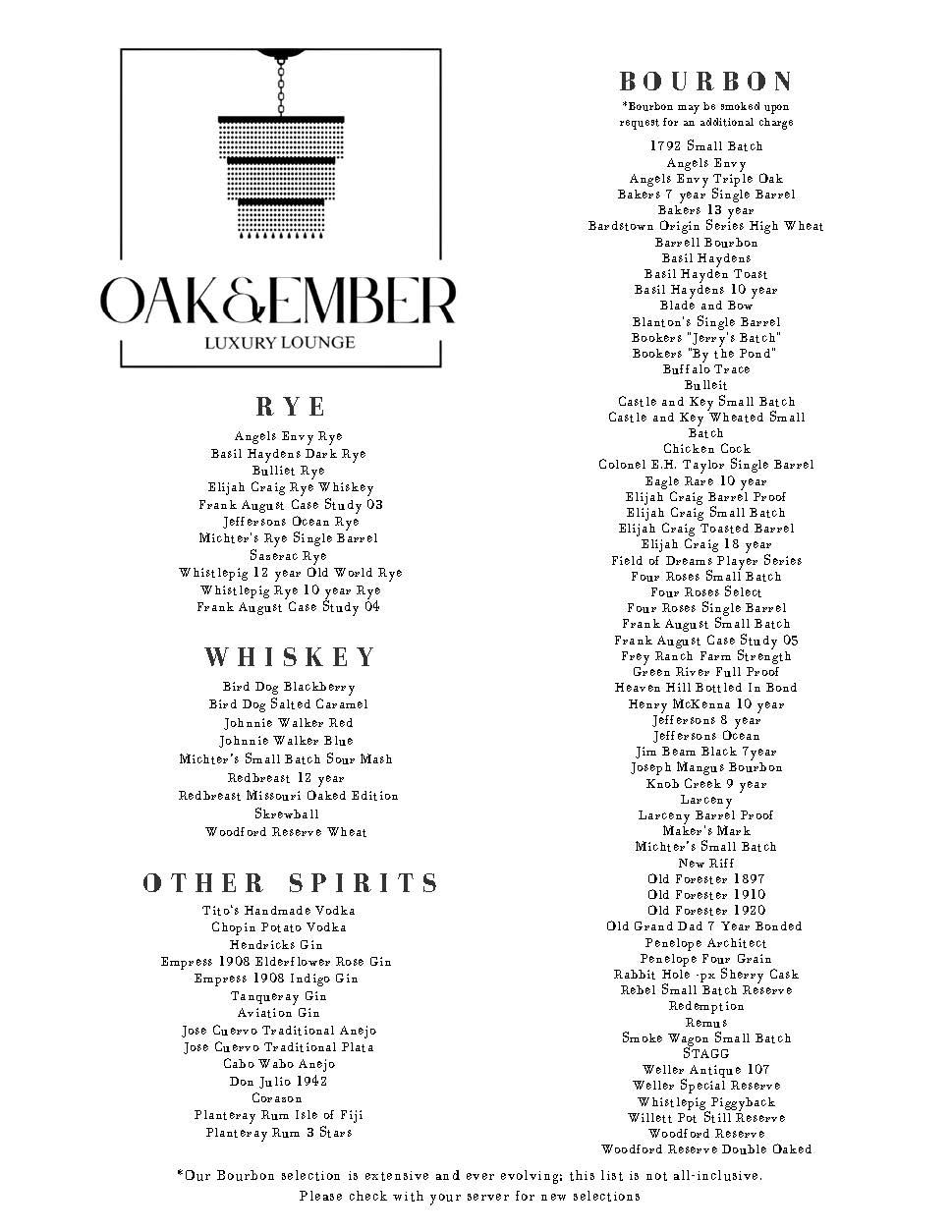 Menu Bourbon, Whiskey, Rye, Wine, Spirits, Cocktails