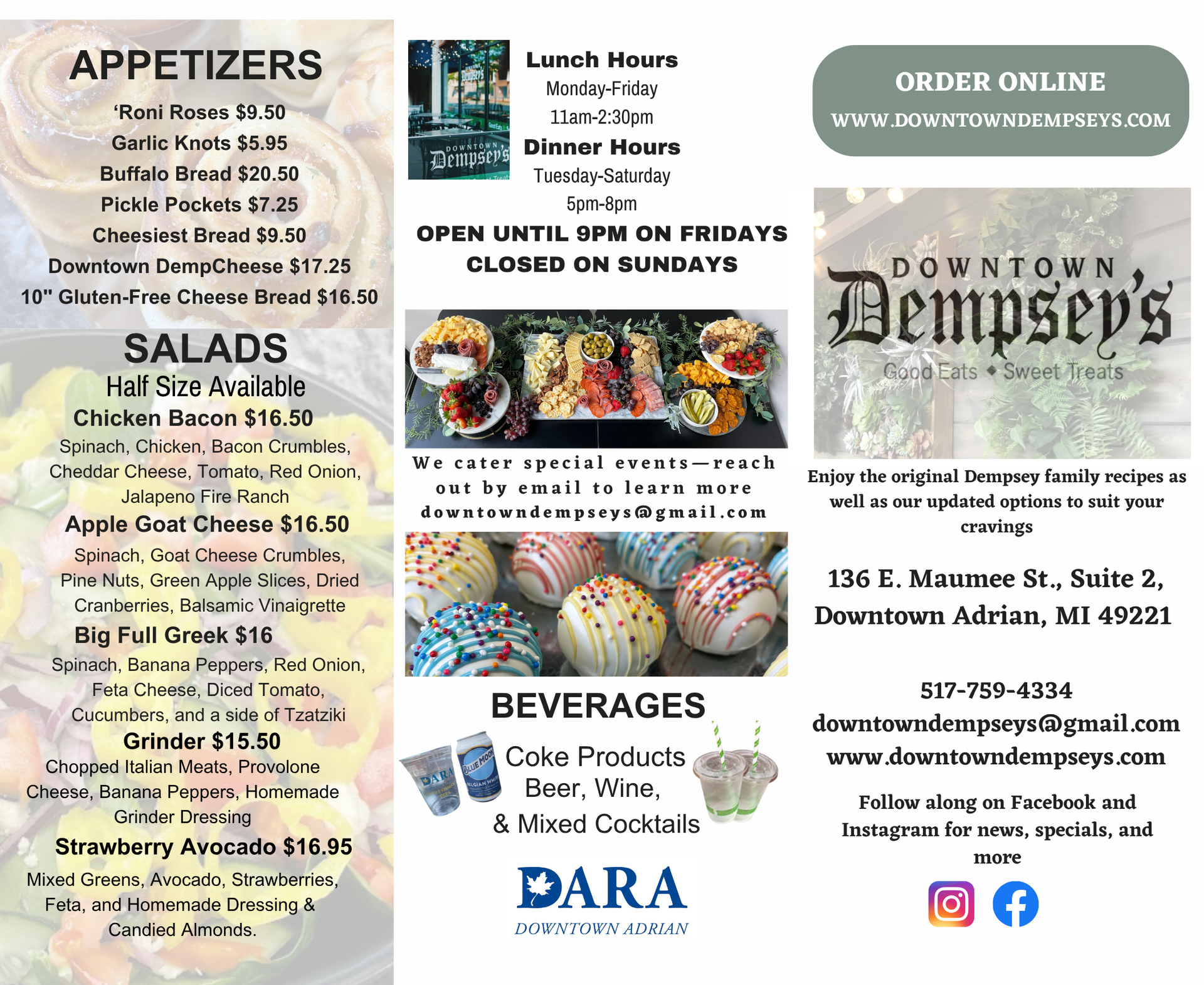 Menus | Adrian, MI | Downtown Dempsey’s
