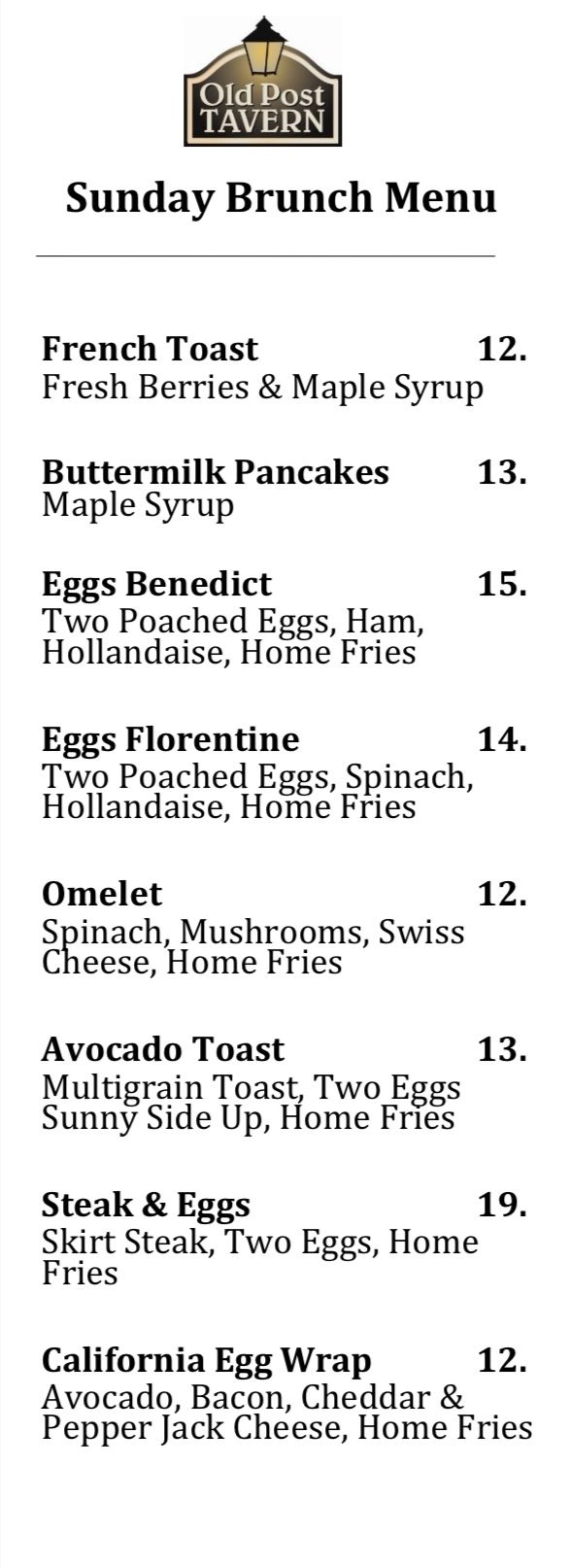 Old Post Tavern Menus | Fairfield CT