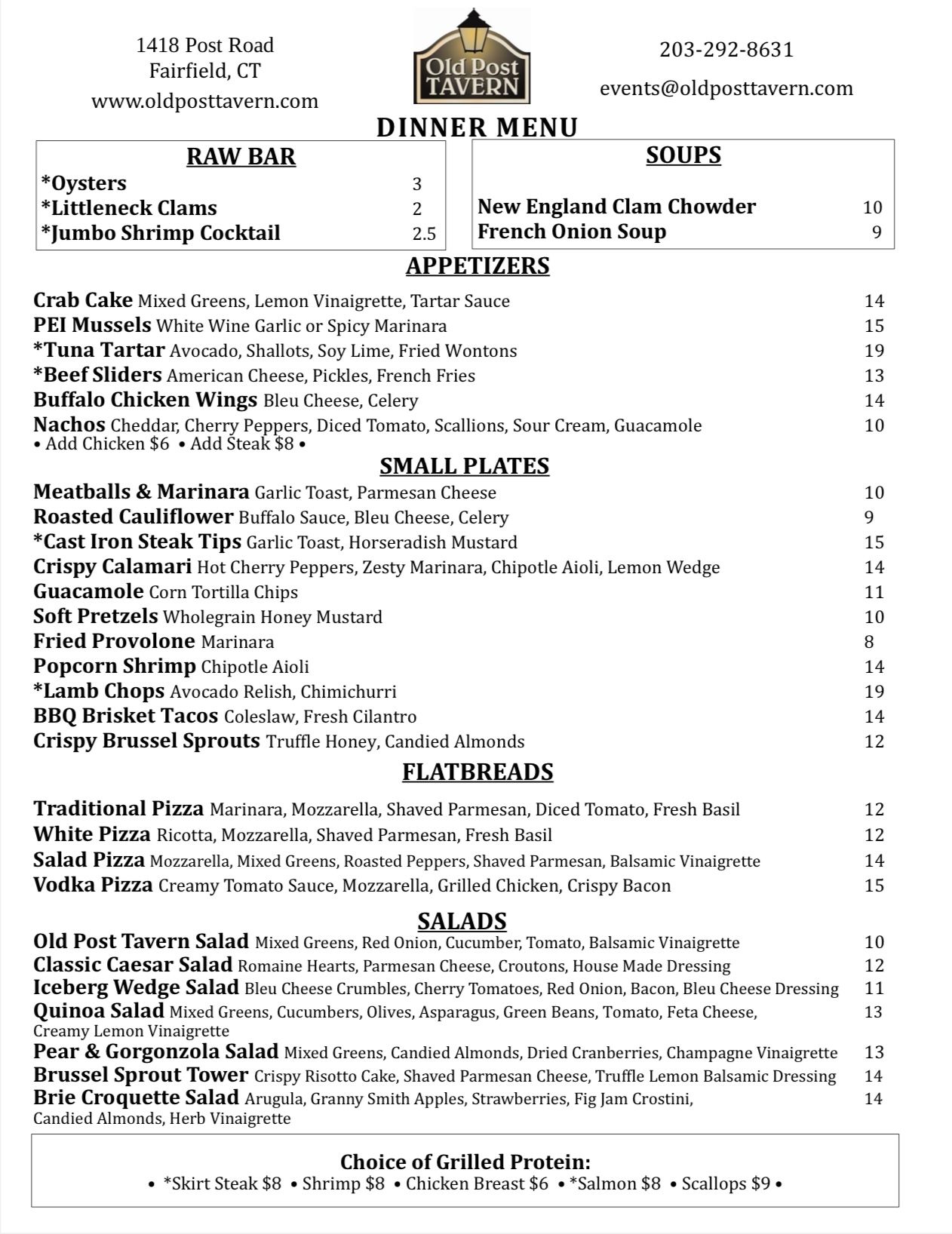 Old Post Tavern Menus | Fairfield CT
