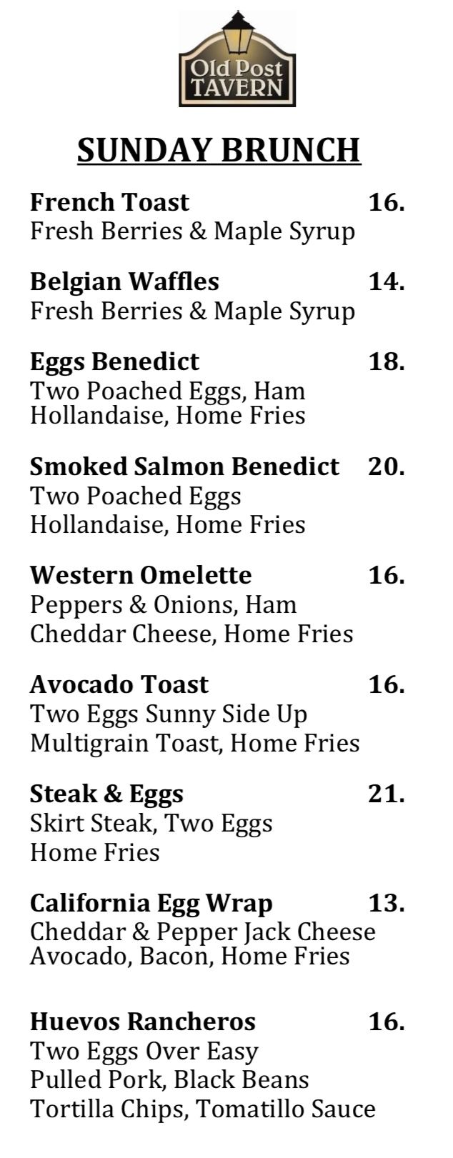 Old Post Tavern Menus | Fairfield CT