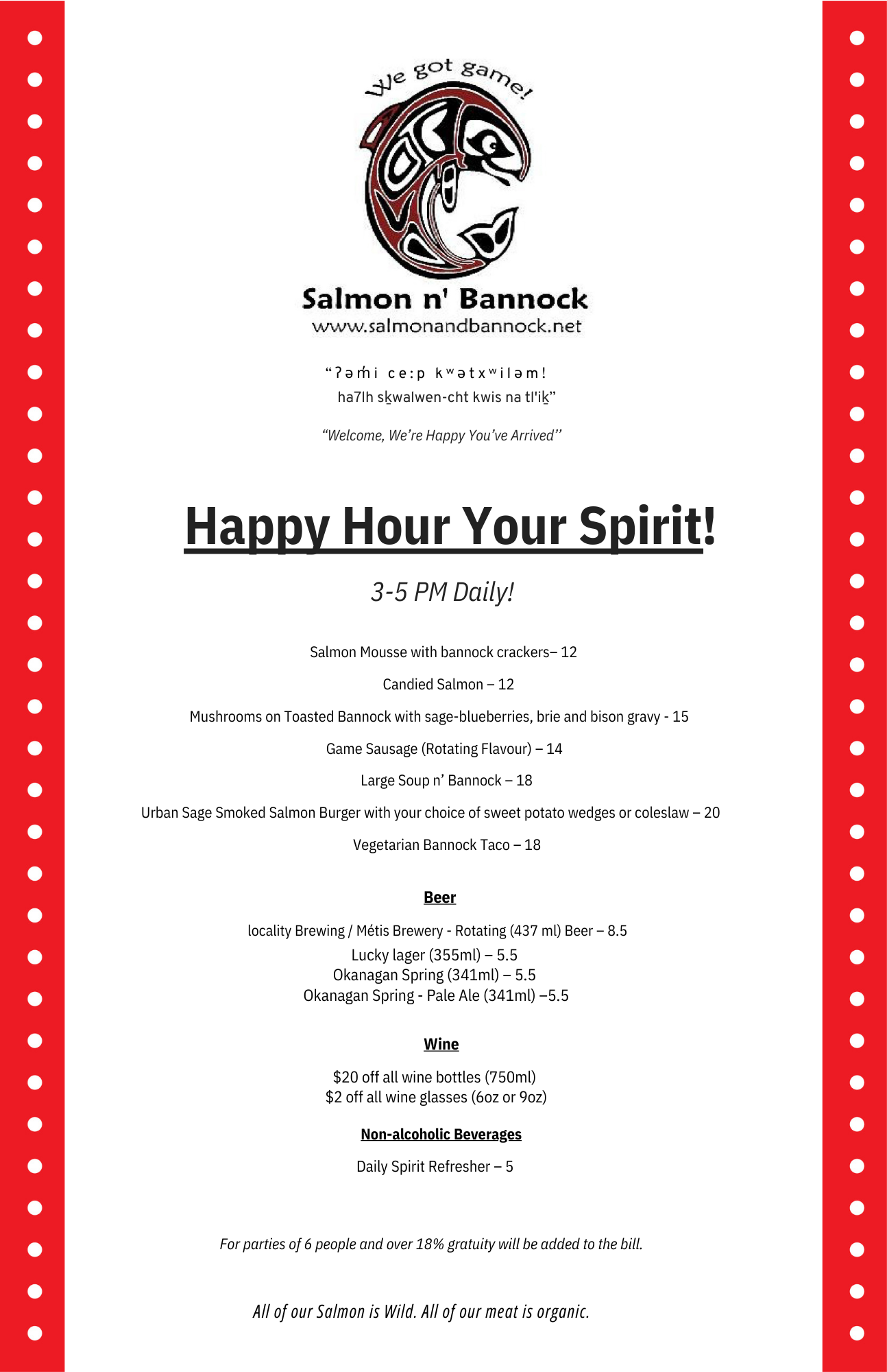 Salmon n Bannock Happy Hour Menu