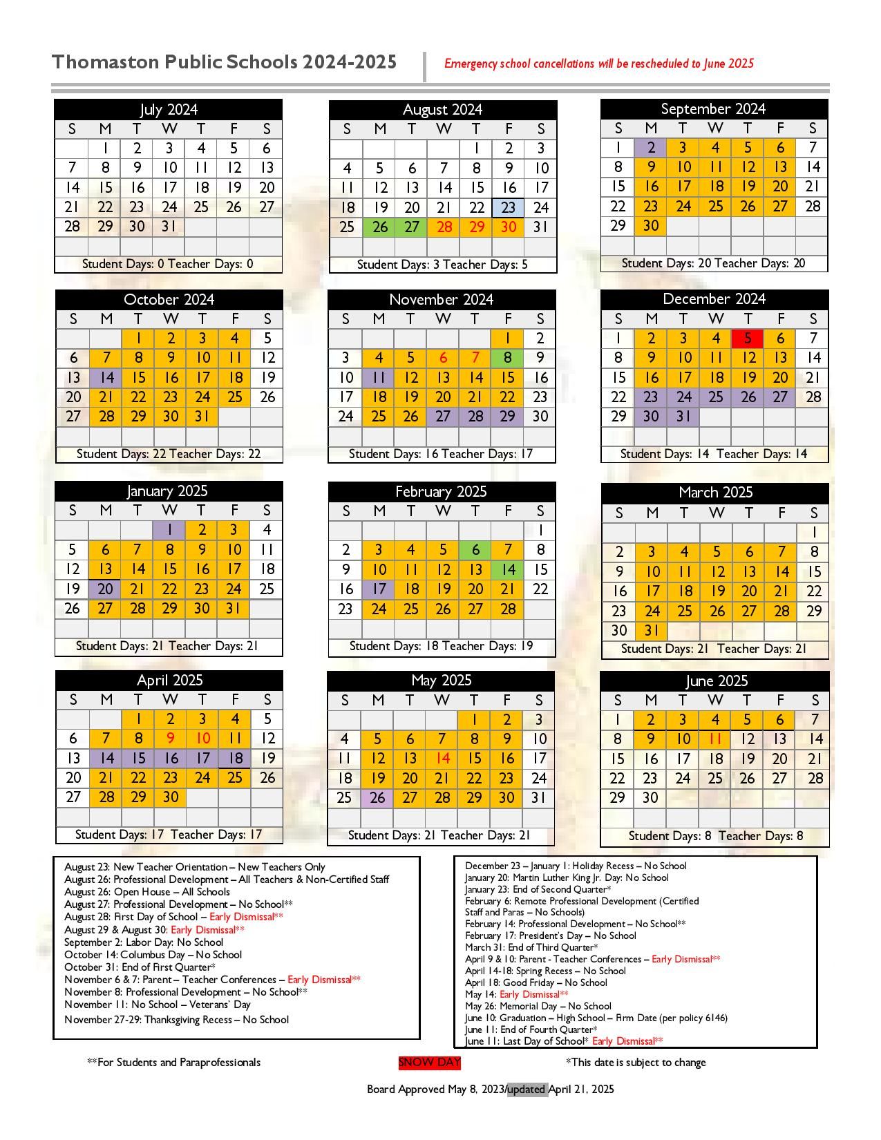District Calendar | Thomaston Public Schools