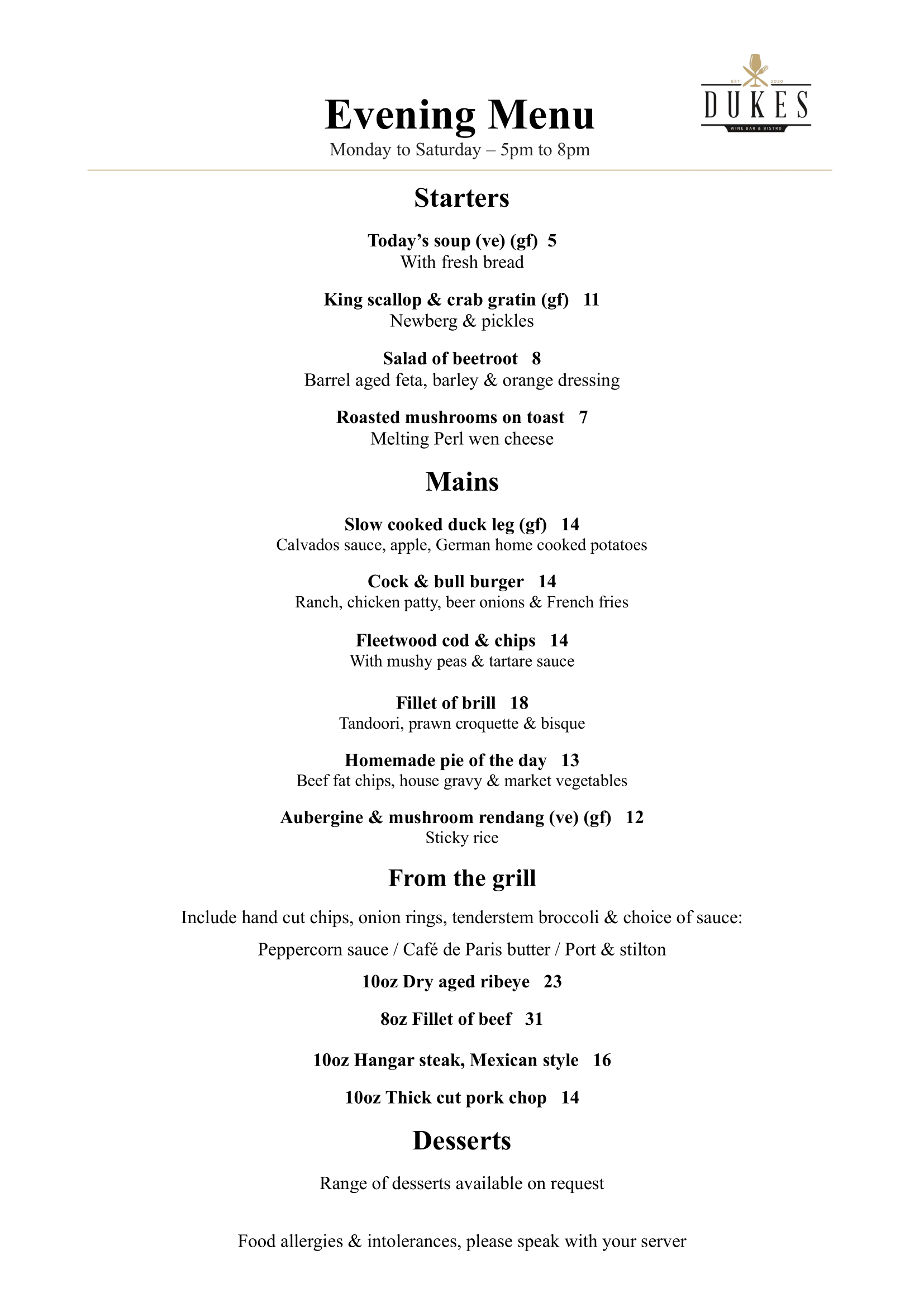 Menu | Dukes Wine Bar & Bistro in Ainsdale