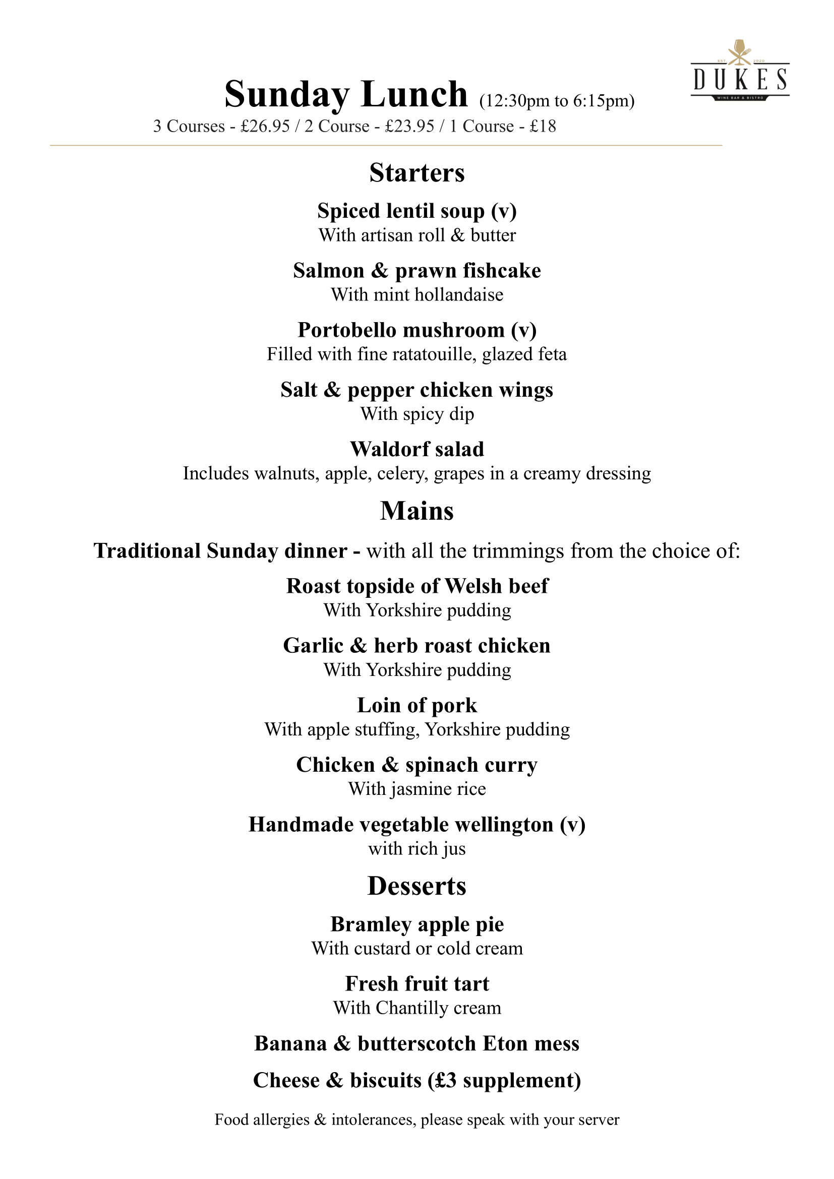 Menu | Dukes Wine Bar & Bistro in Ainsdale