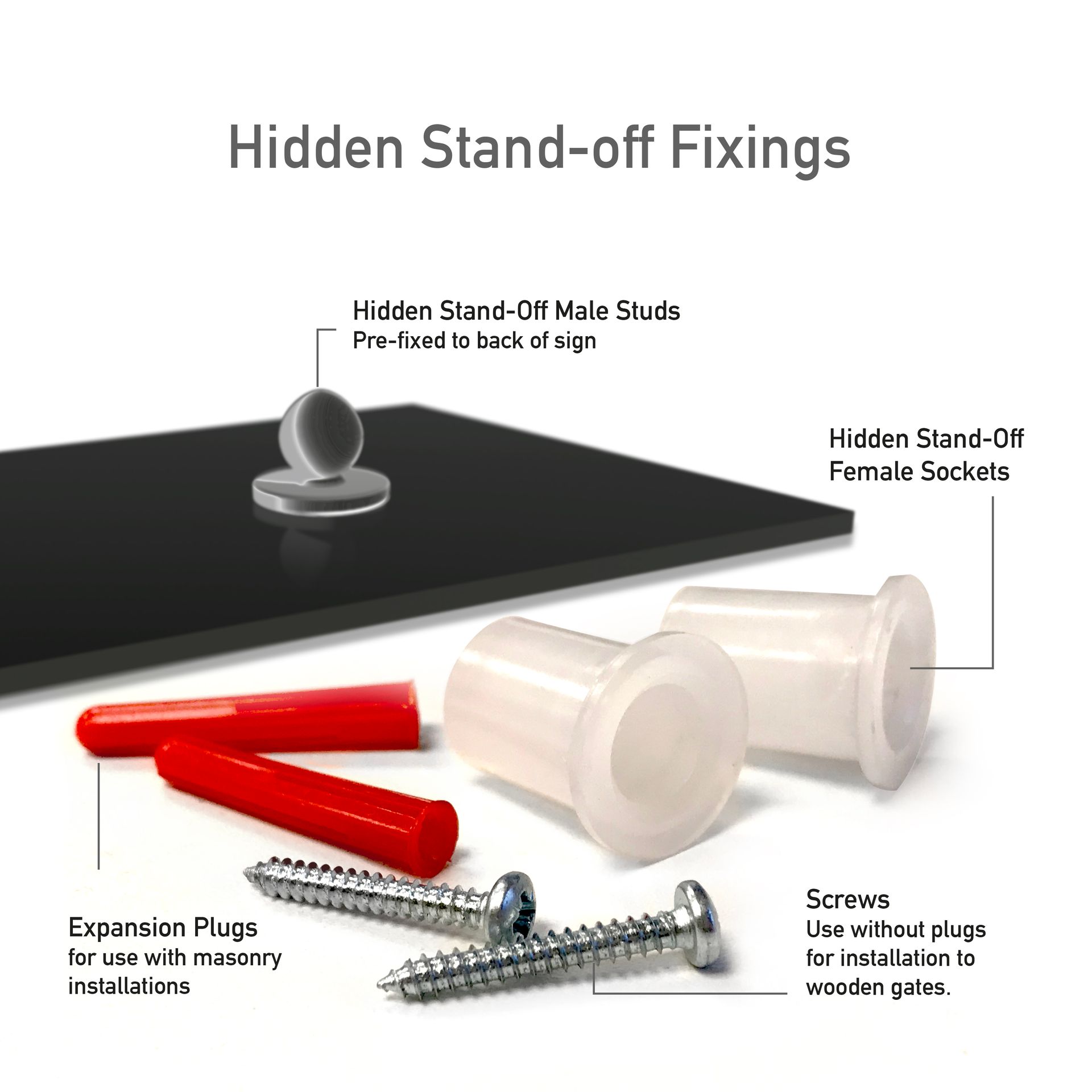 Hidden stand-off fixings for floating effect wall signs