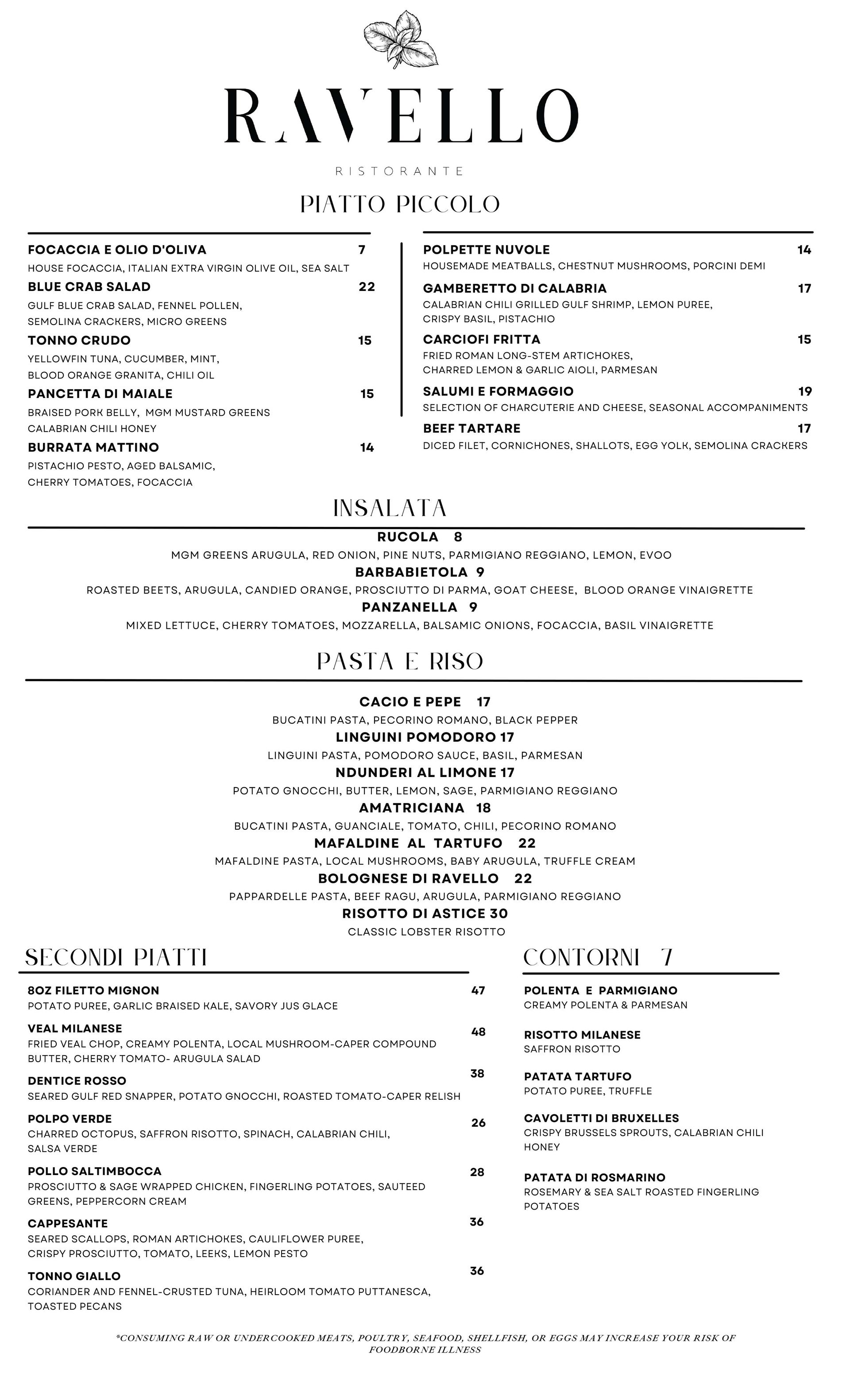 Ravello | Italian Fine Dining at Its Best | Dinner Menu