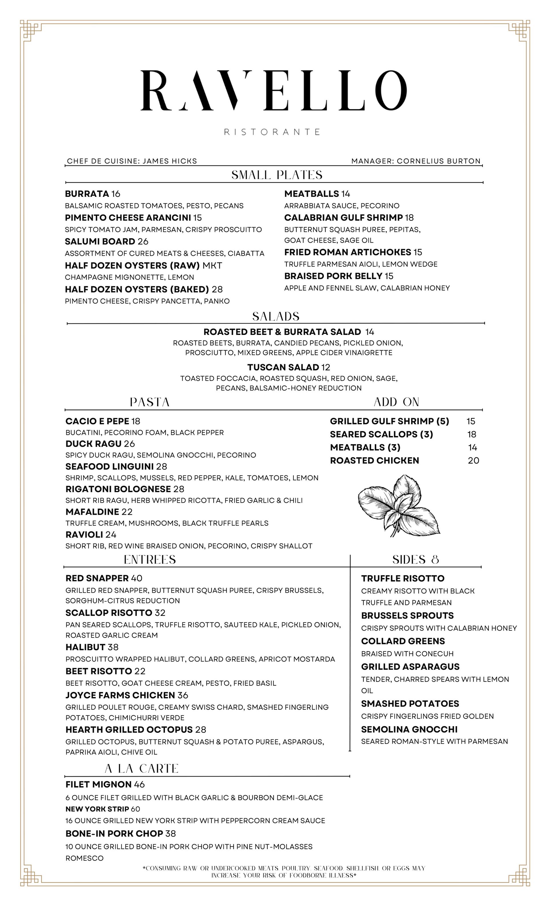 Ravello | Italian Fine Dining at Its Best | Dinner Menu