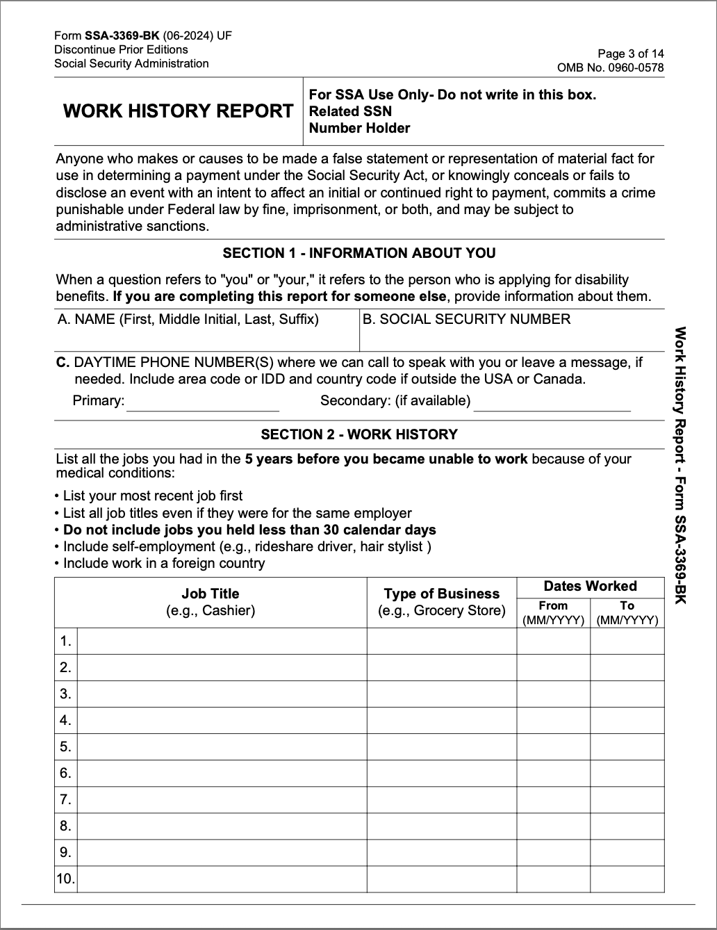 How to Fill Out SSA-3369 (Work History Report), With Examples