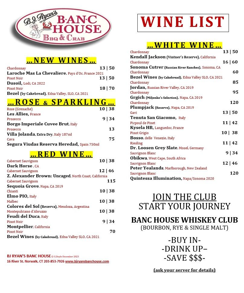 B·AN·C House Menu | Ph. 203-853-7926 | Norwalk, CT
