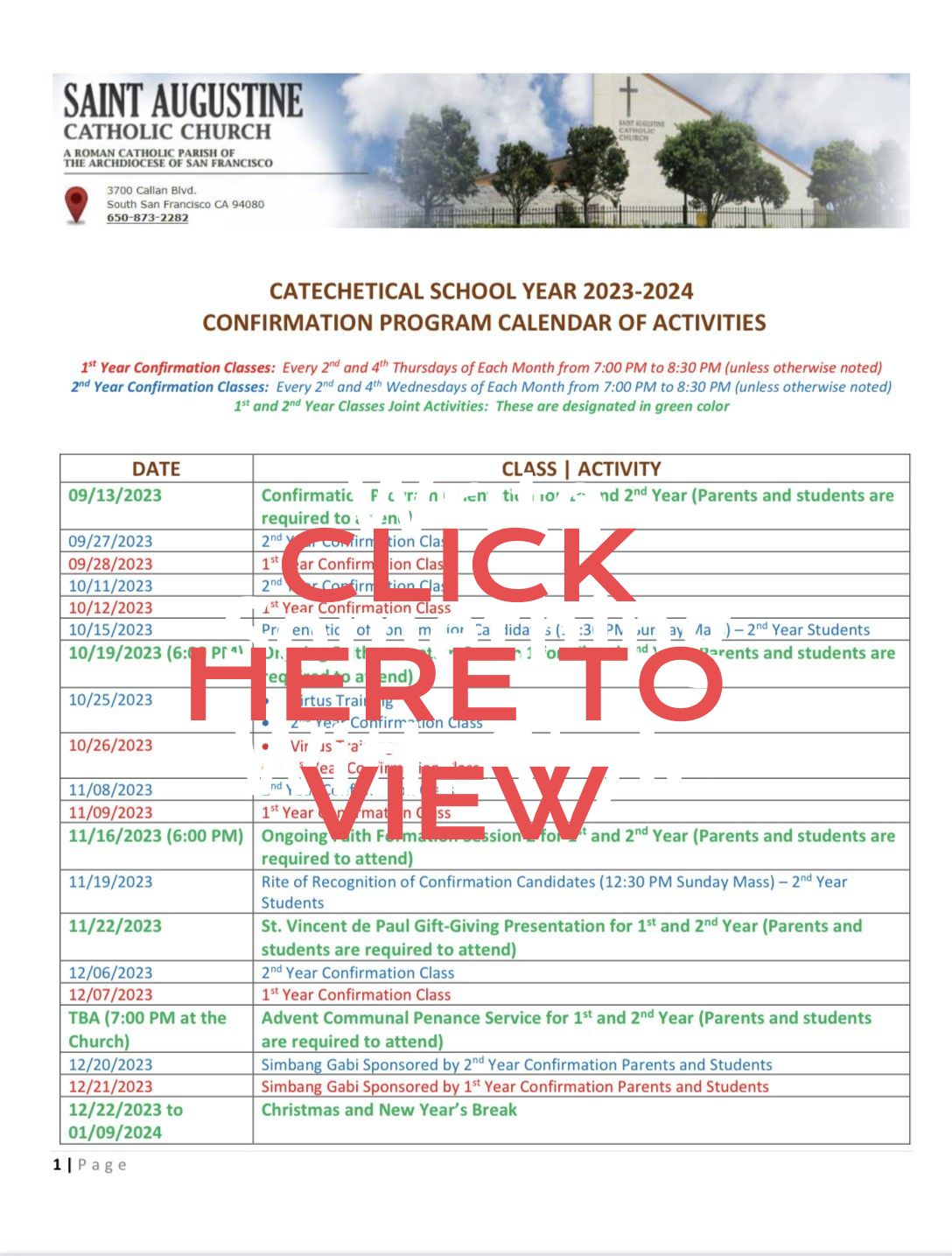 Confirmation Calendar