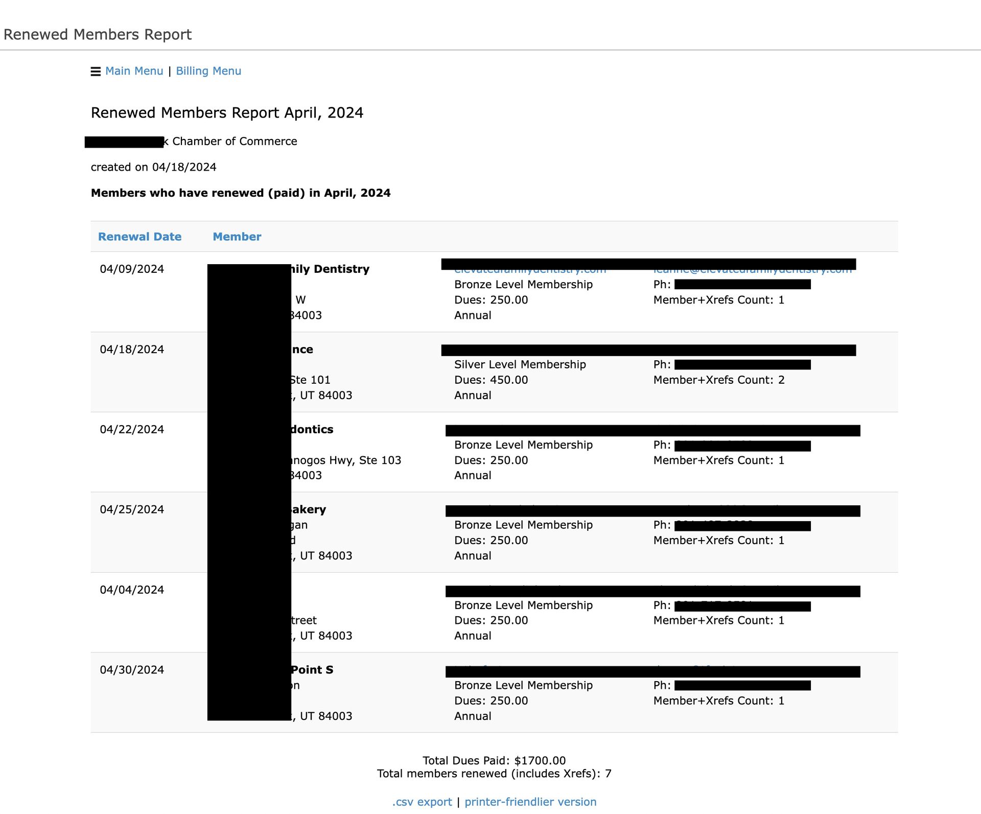 Revised Renewed and Dropped Members Report in Billing Area