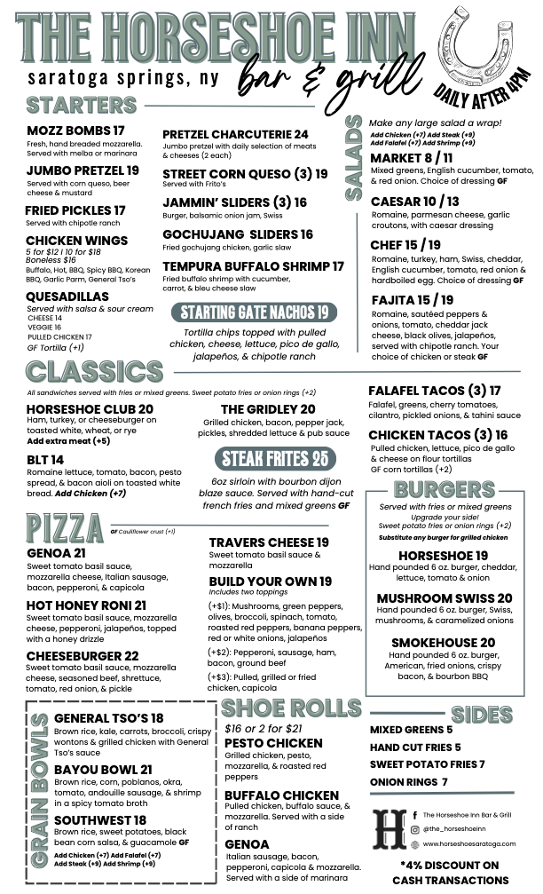Menu | The Horseshoe Inn Restaurant and Bar | Saratoga Springs NY