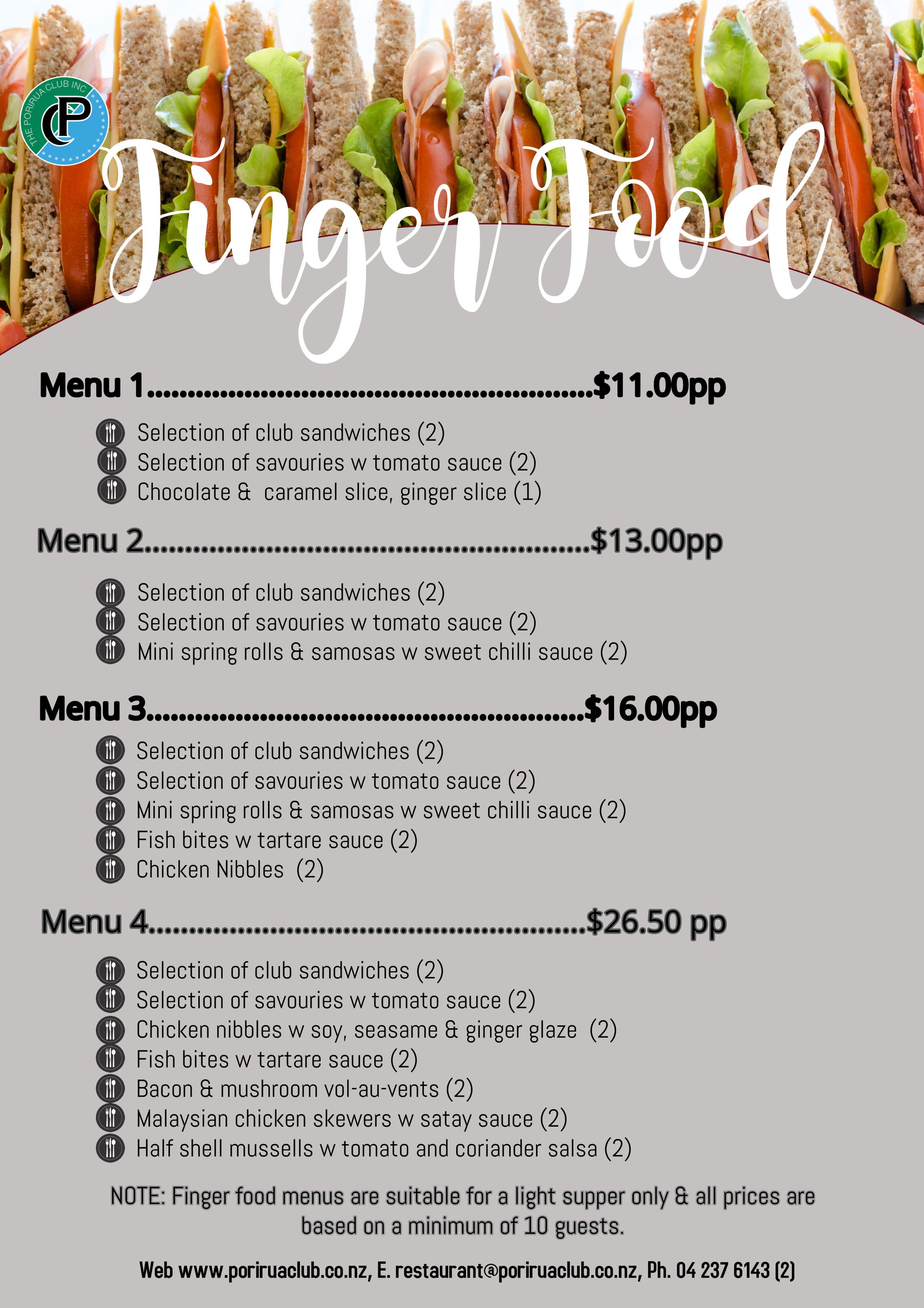 Function Room Menus at The Porirua Club