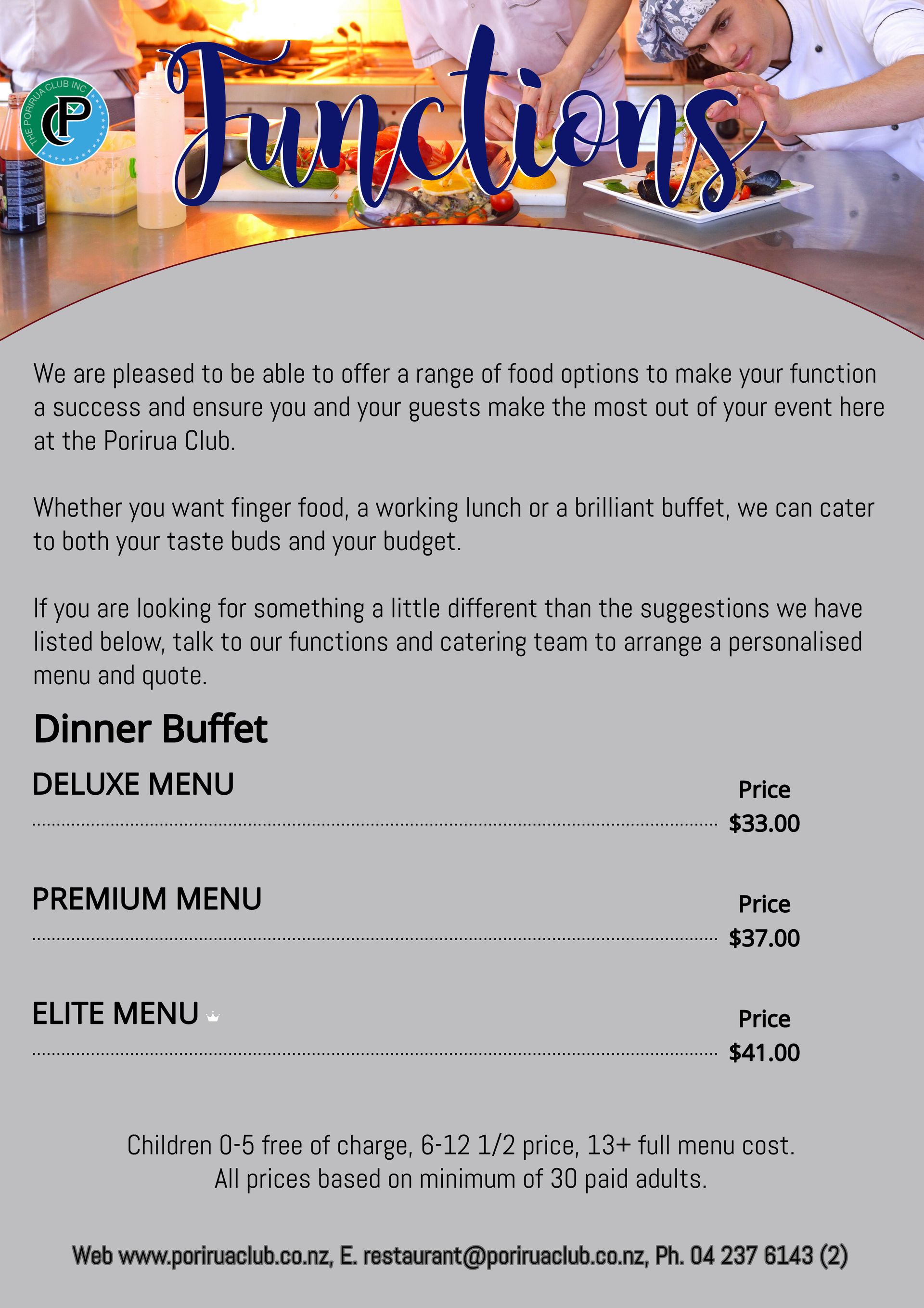 Function Room Menus at The Porirua Club