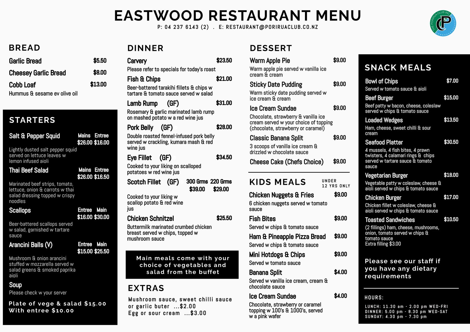 Function Room Menus at The Porirua Club