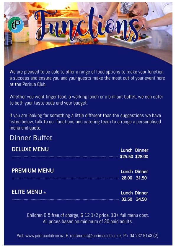 Function Room Menus at The Porirua Club