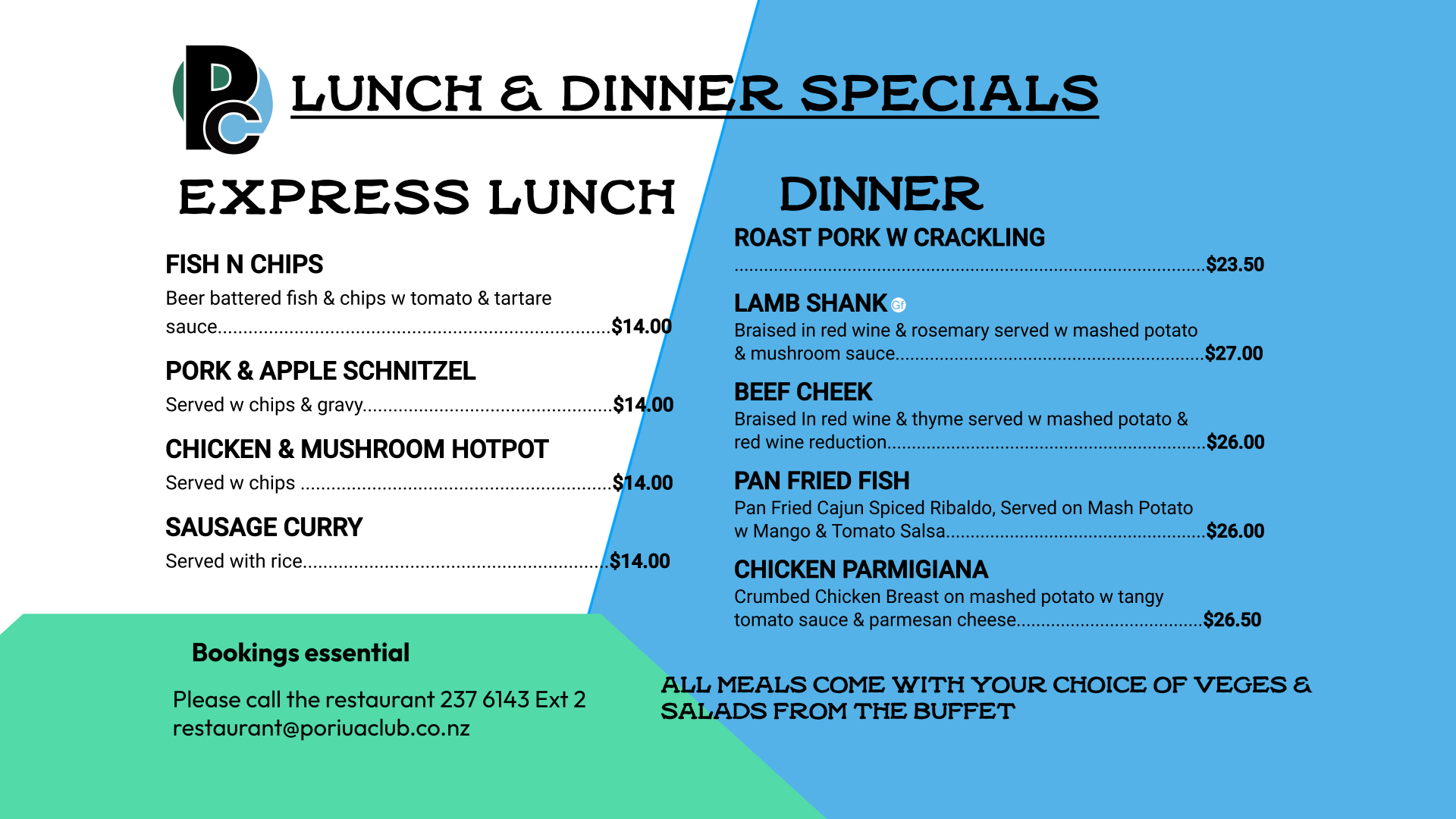 Function Room Menus at The Porirua Club