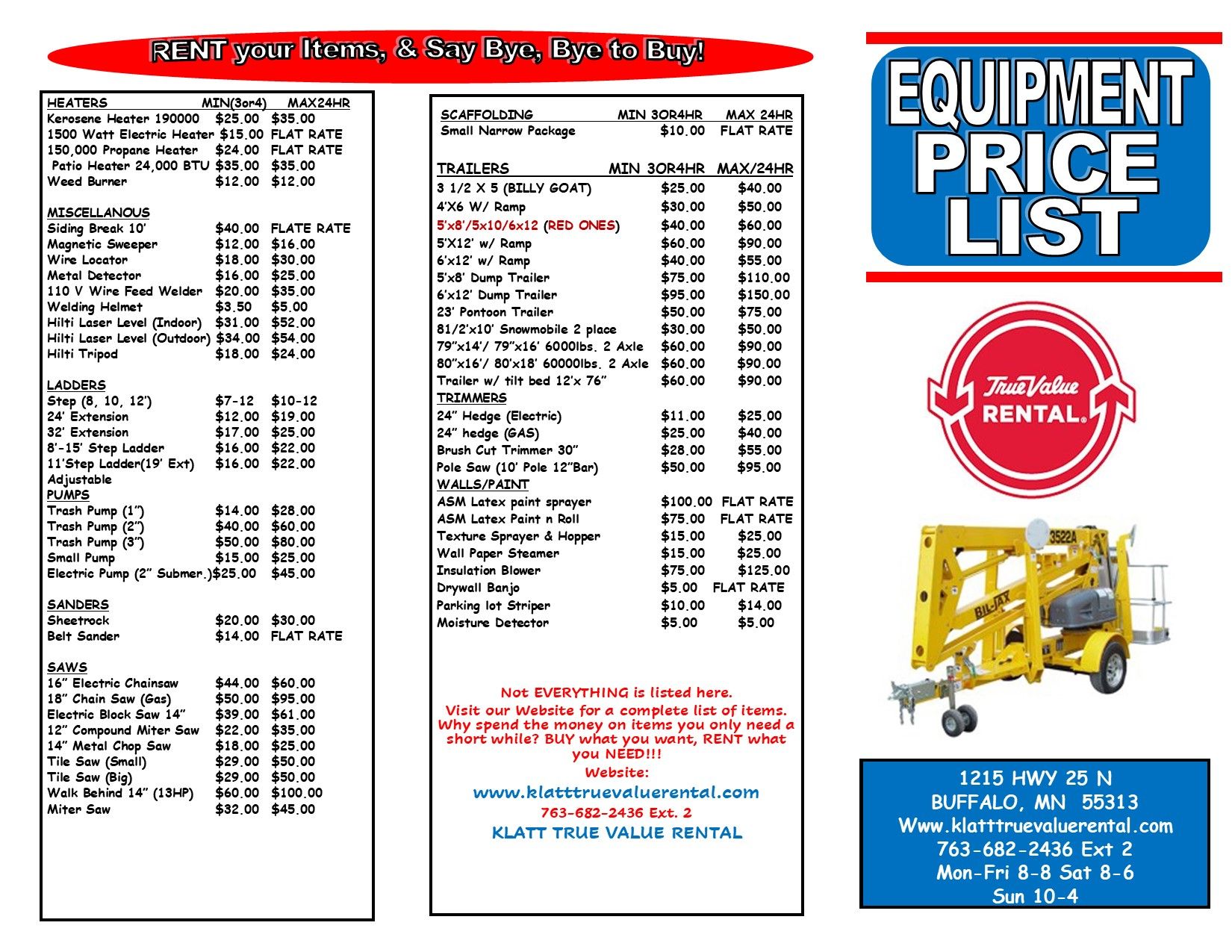 Equipment Rental | Buffalo, MN | Klatt True Value Rental
